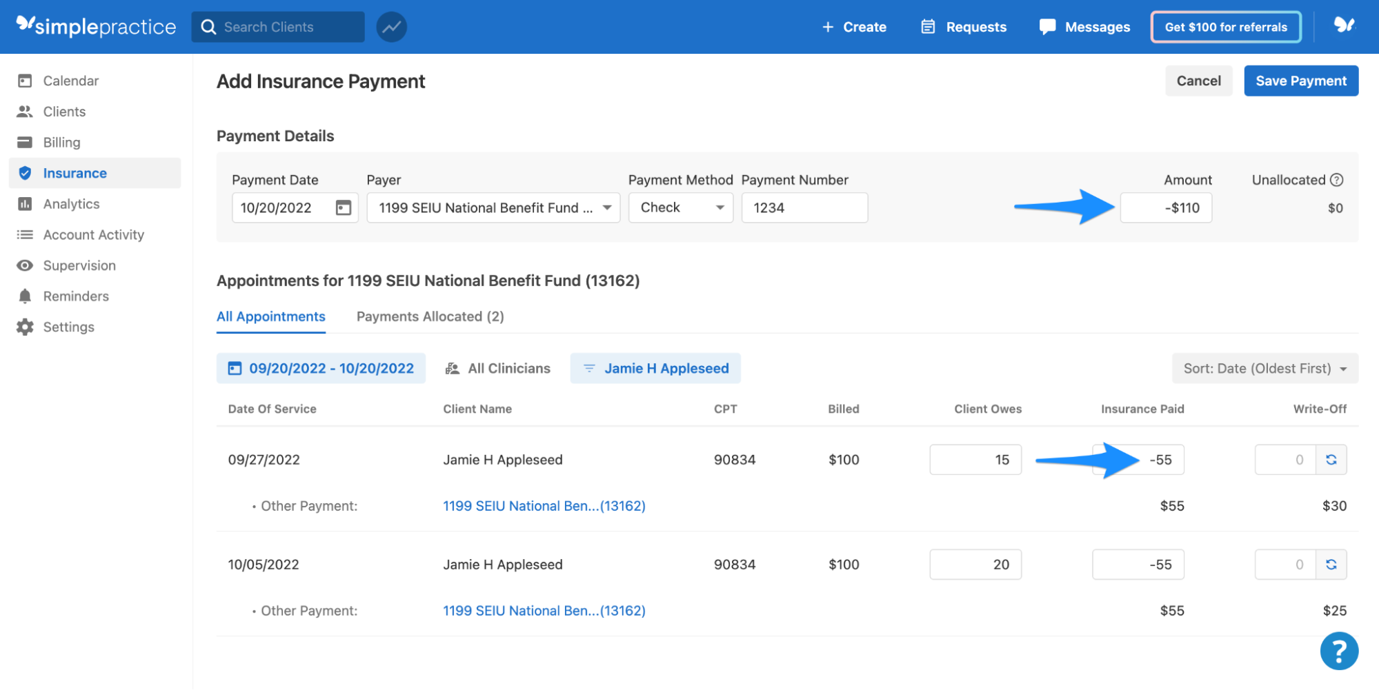 Adding insurance payments – SimplePractice Support