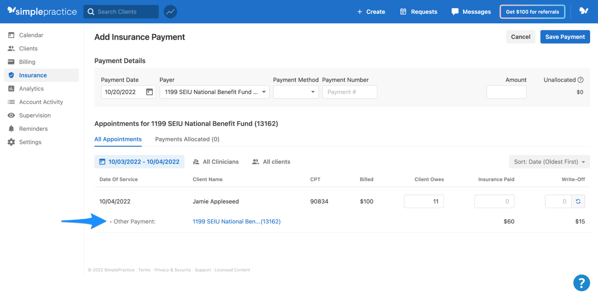 Adding insurance payments – SimplePractice Support