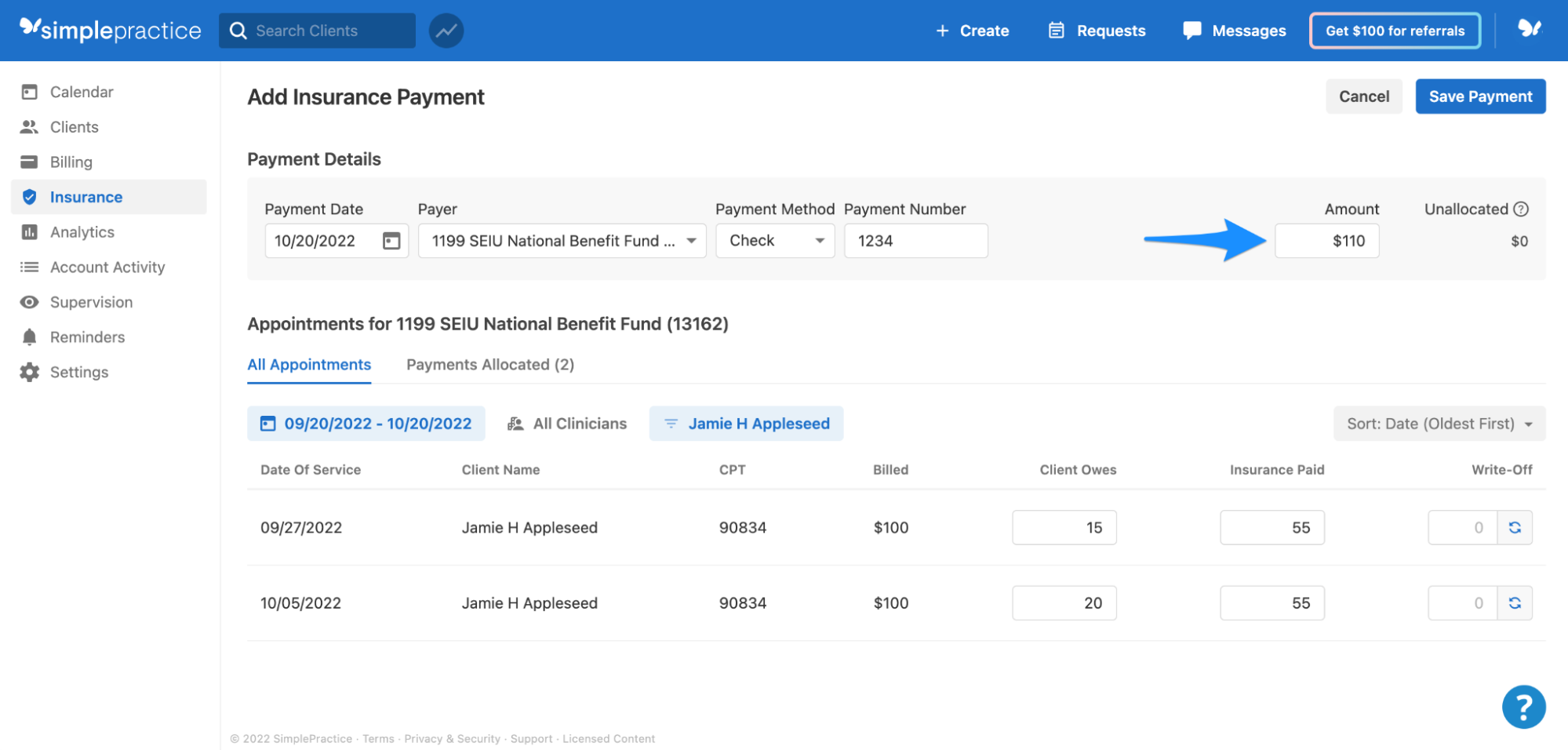 Adding insurance payments – SimplePractice Support