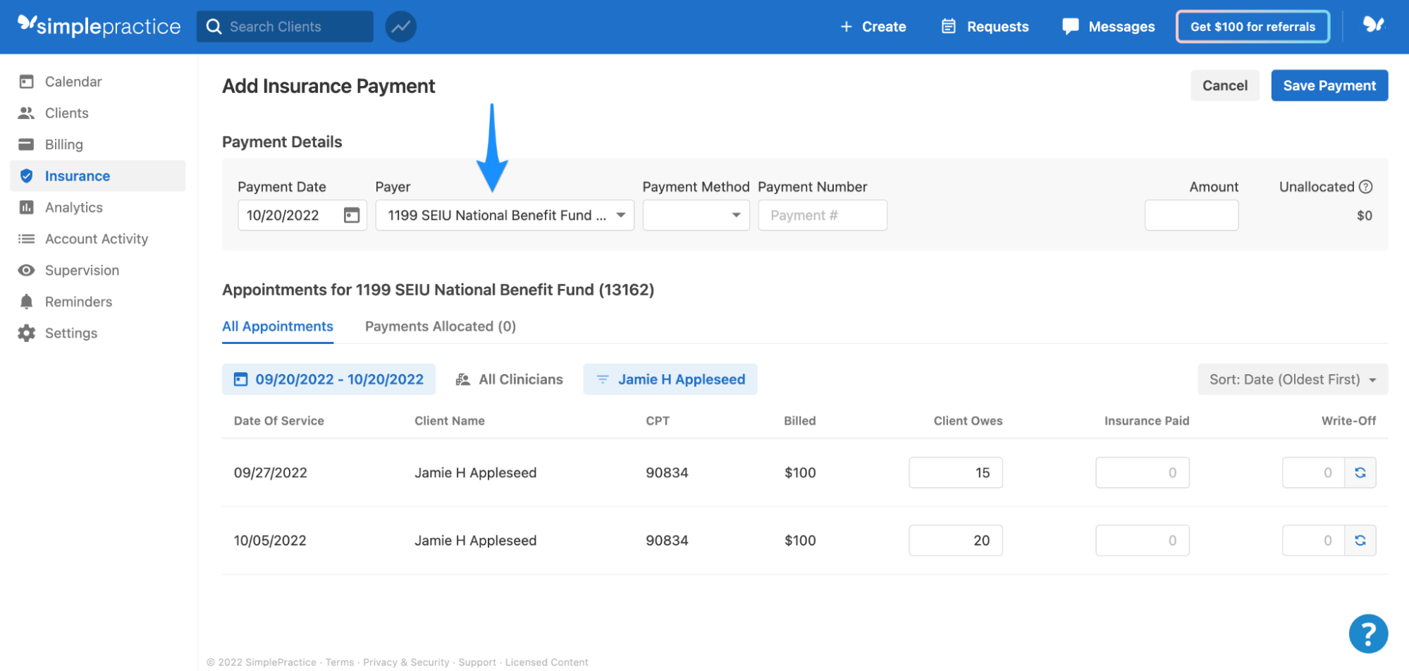 Adding insurance payments – SimplePractice Support