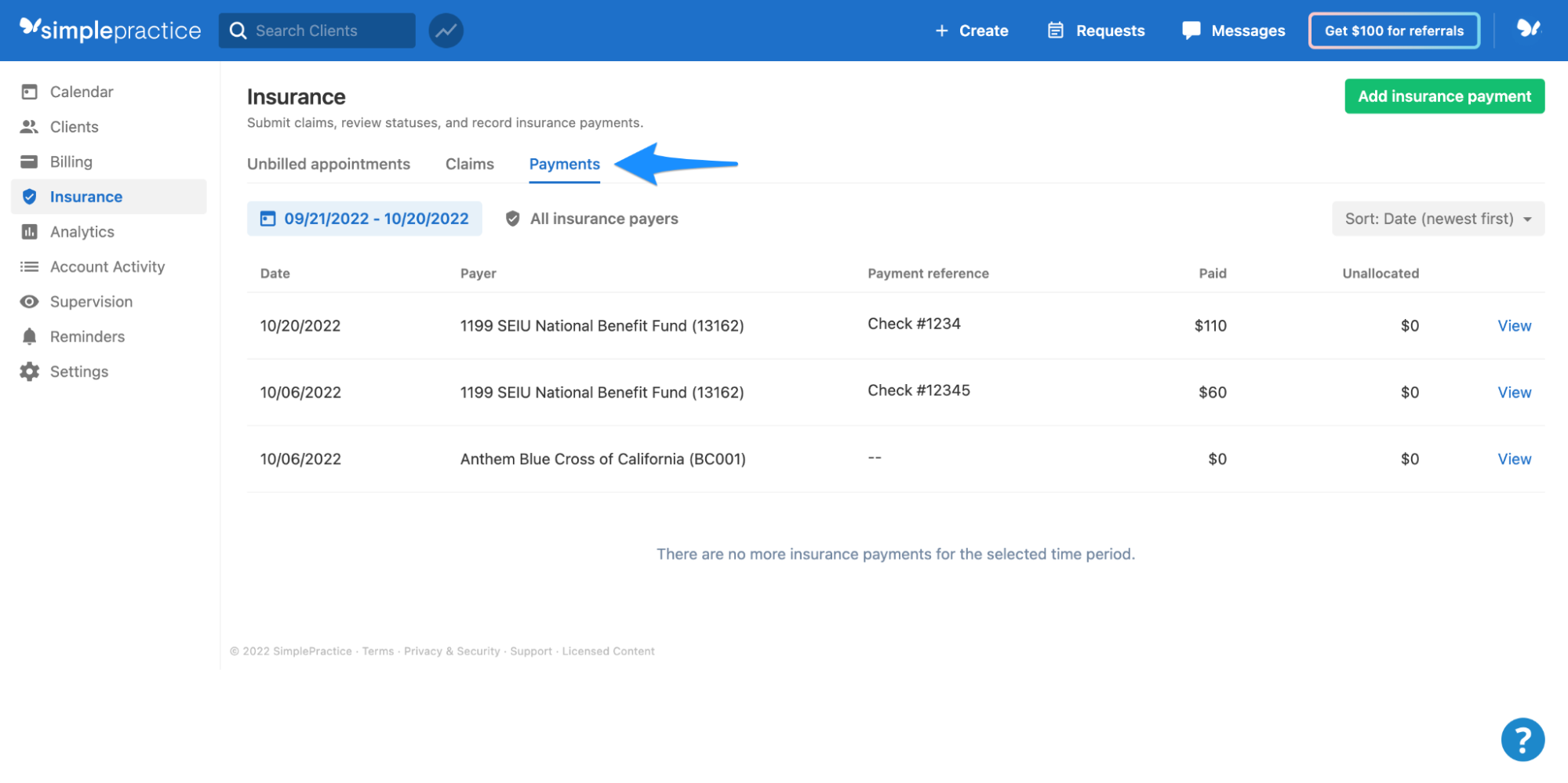 Adding insurance payments – SimplePractice Support