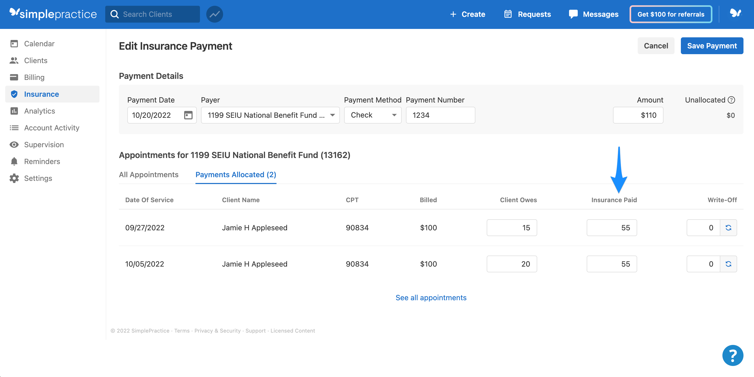 Adding insurance payments – SimplePractice Support