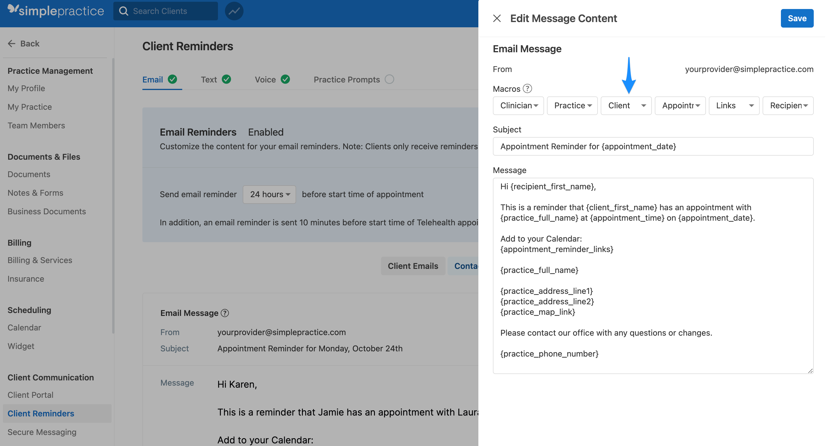 Explaining client email and reminder macros – SimplePractice Support