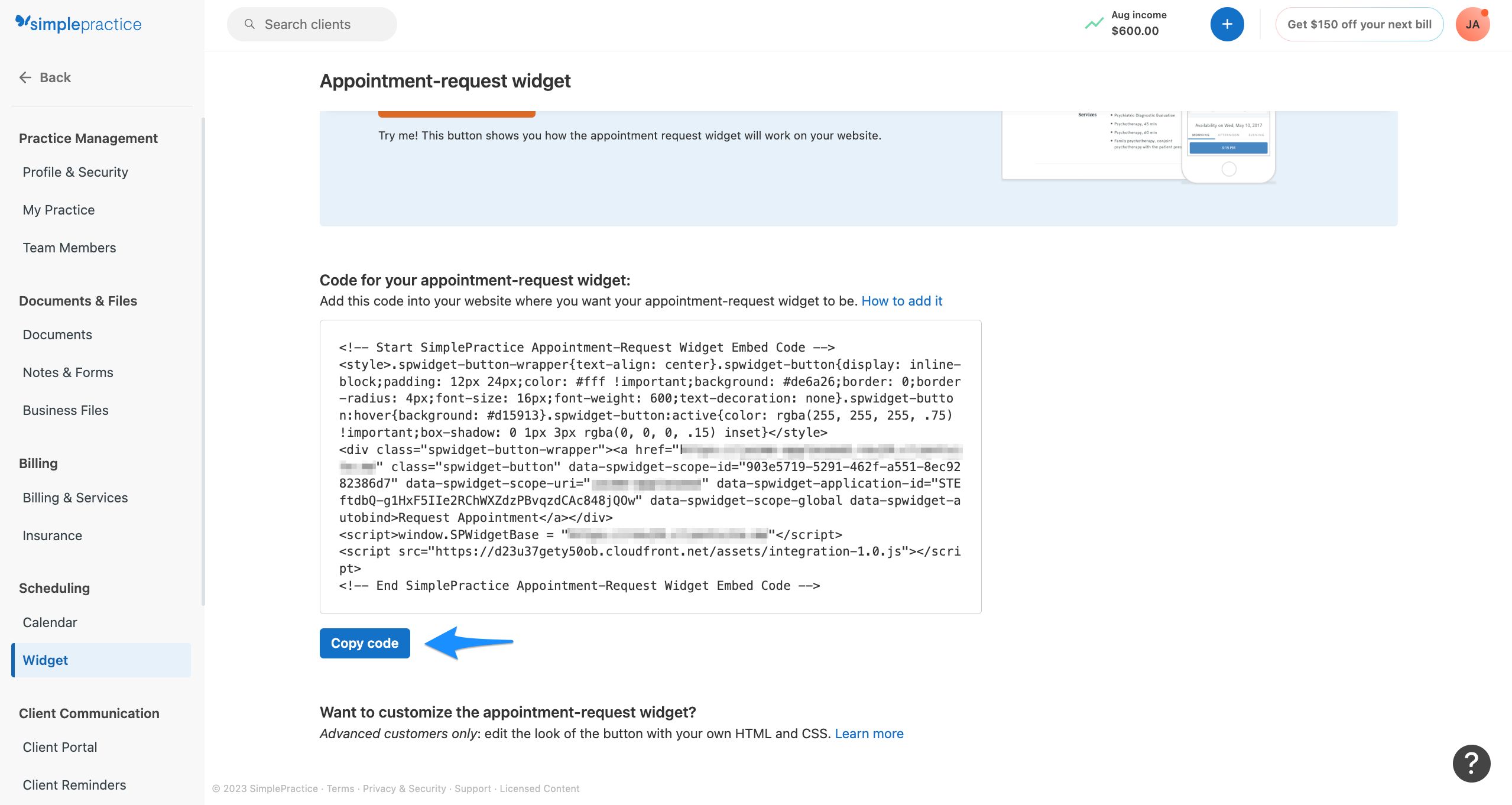 Adding the appointment-request widget to your website – SimplePractice Support