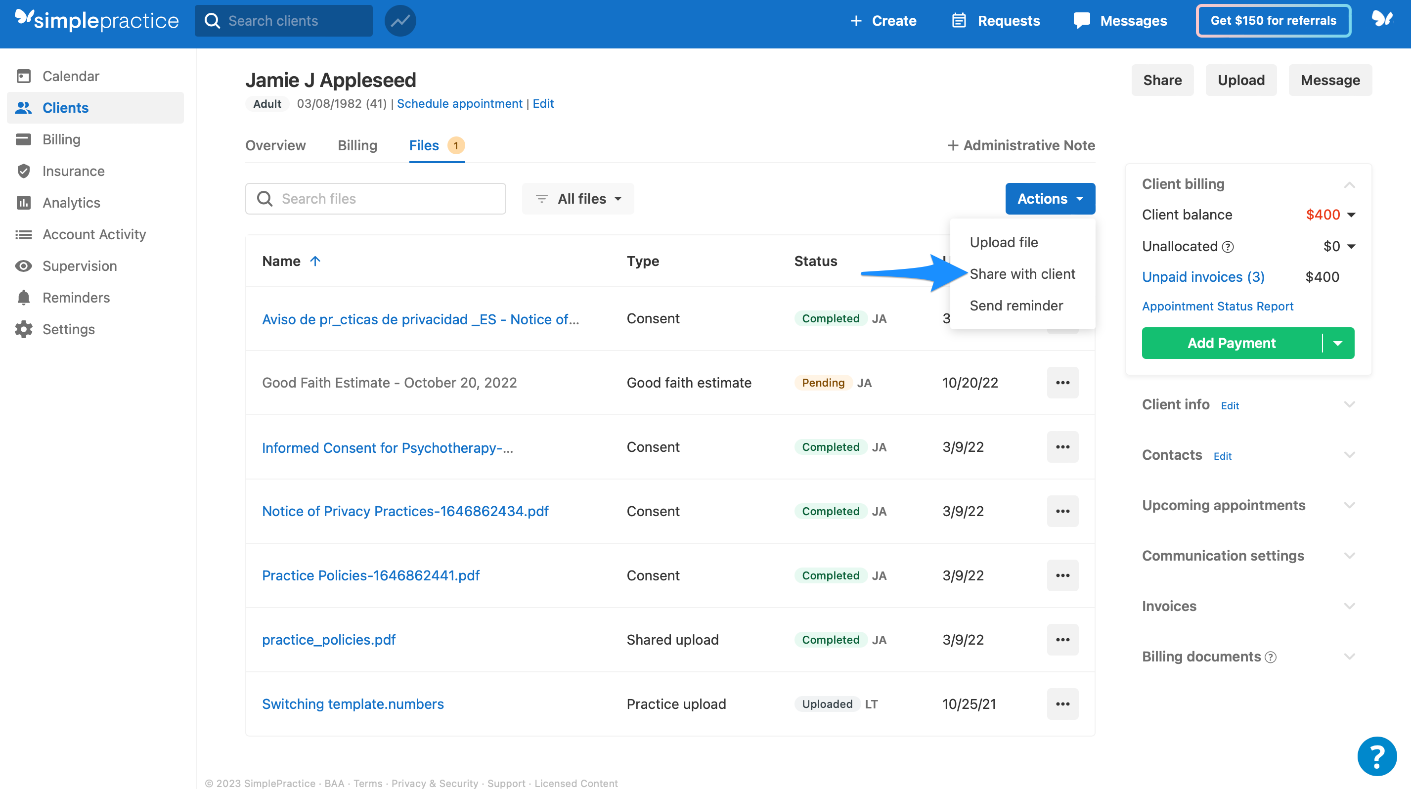 Managing the client Files Overview page – SimplePractice Support