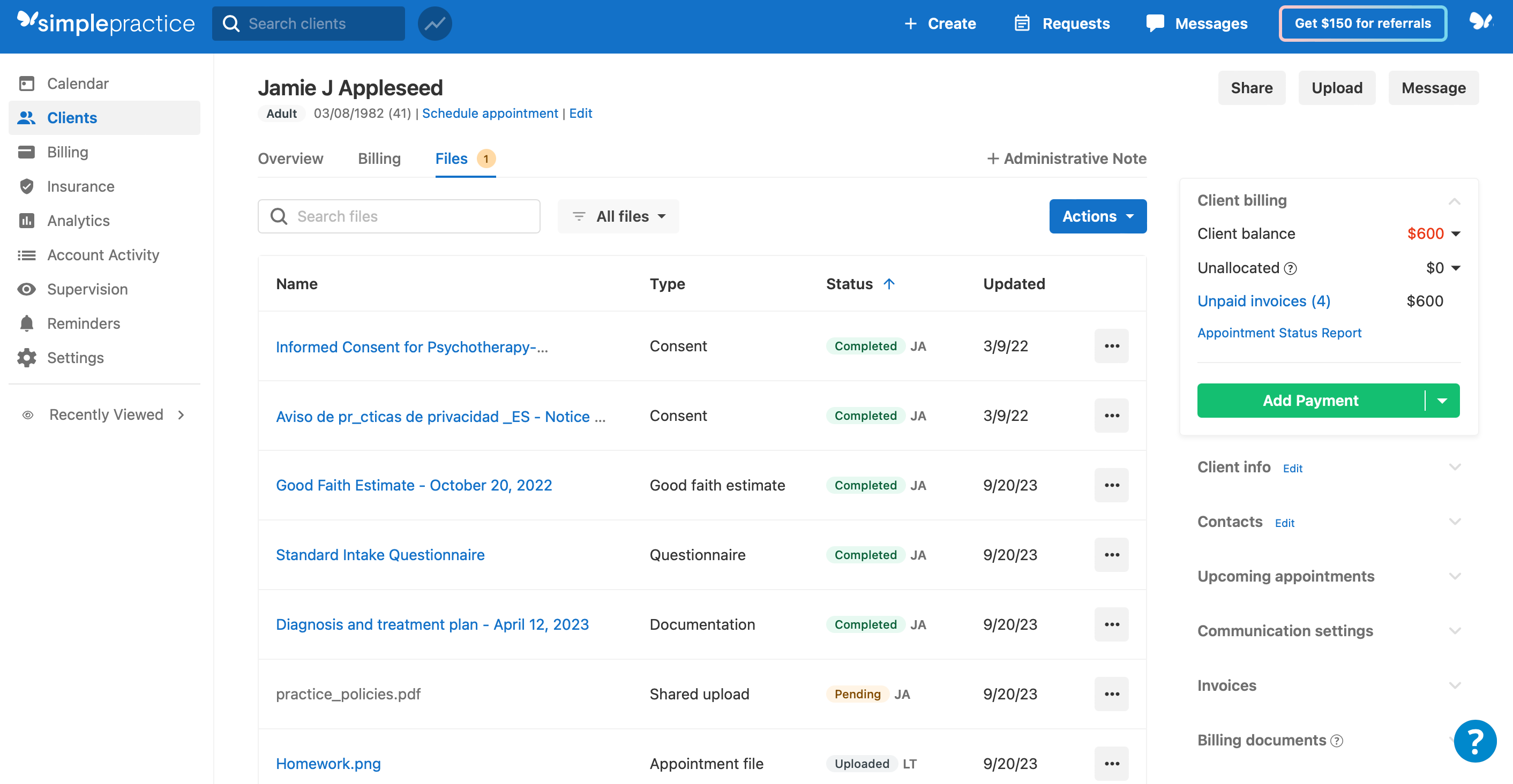 Managing the client Files Overview page – SimplePractice Support
