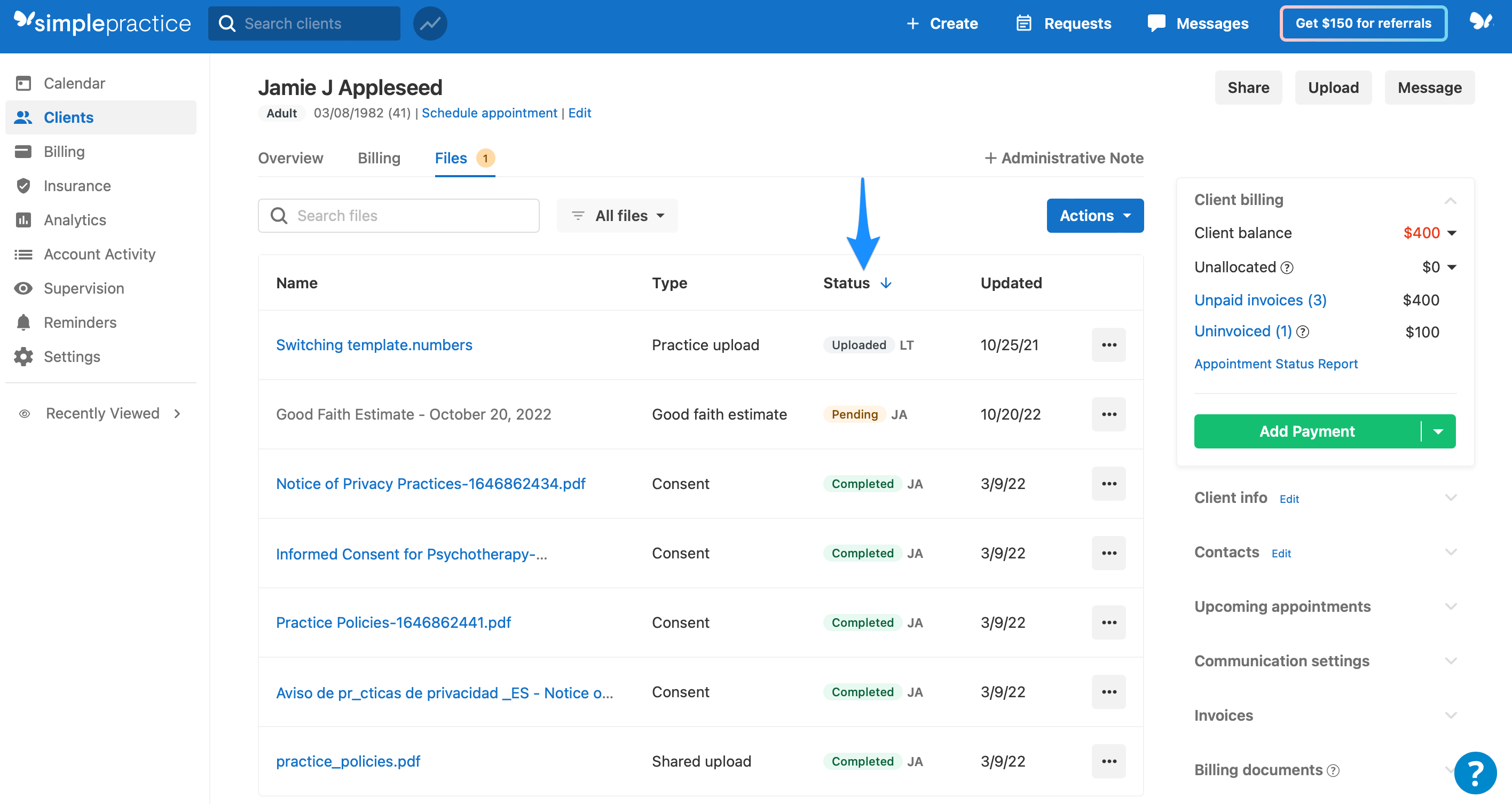 Managing the client Files Overview page – SimplePractice Support