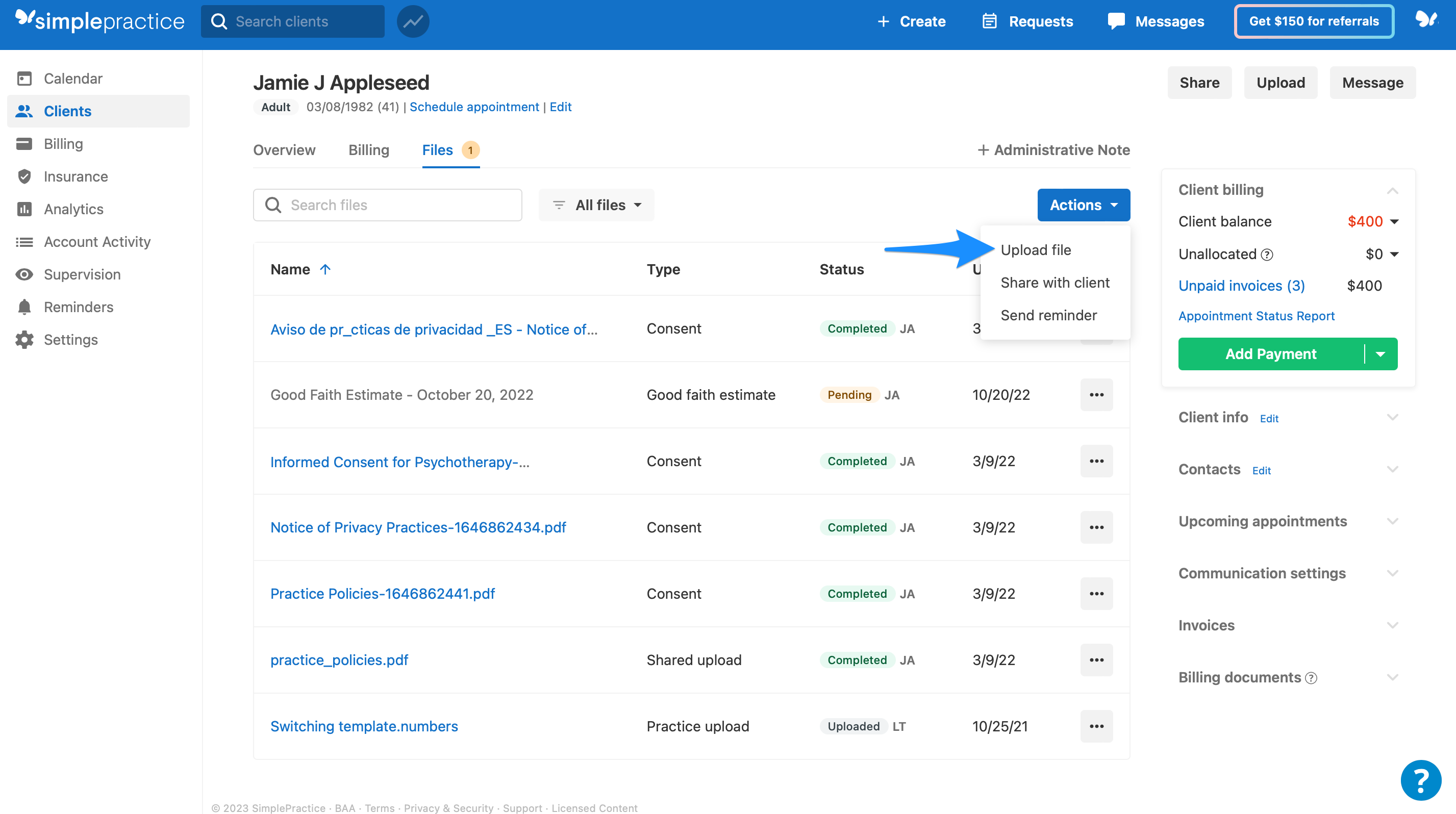 Managing the client Files Overview page – SimplePractice Support