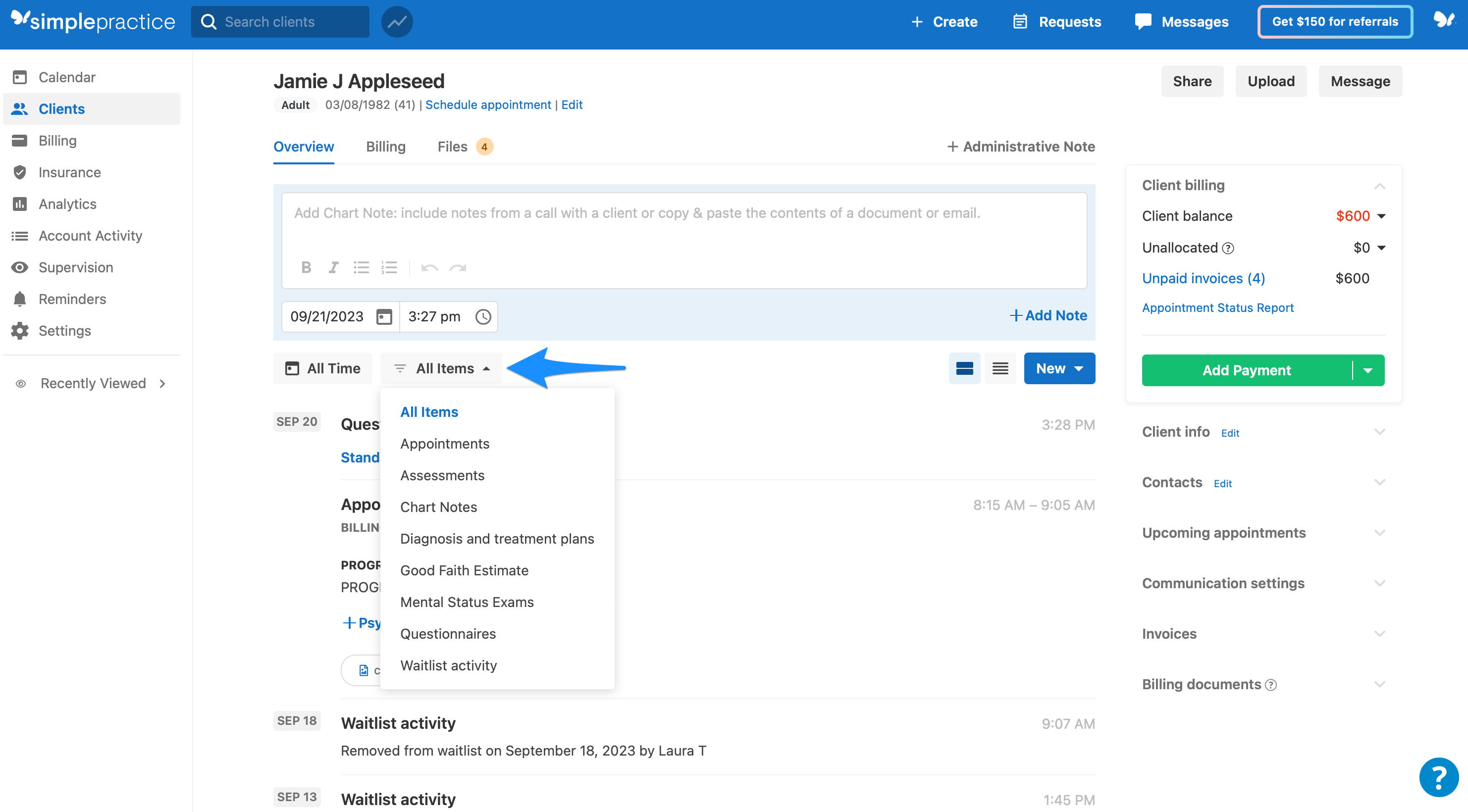 Navigating the client Overview page – SimplePractice Support