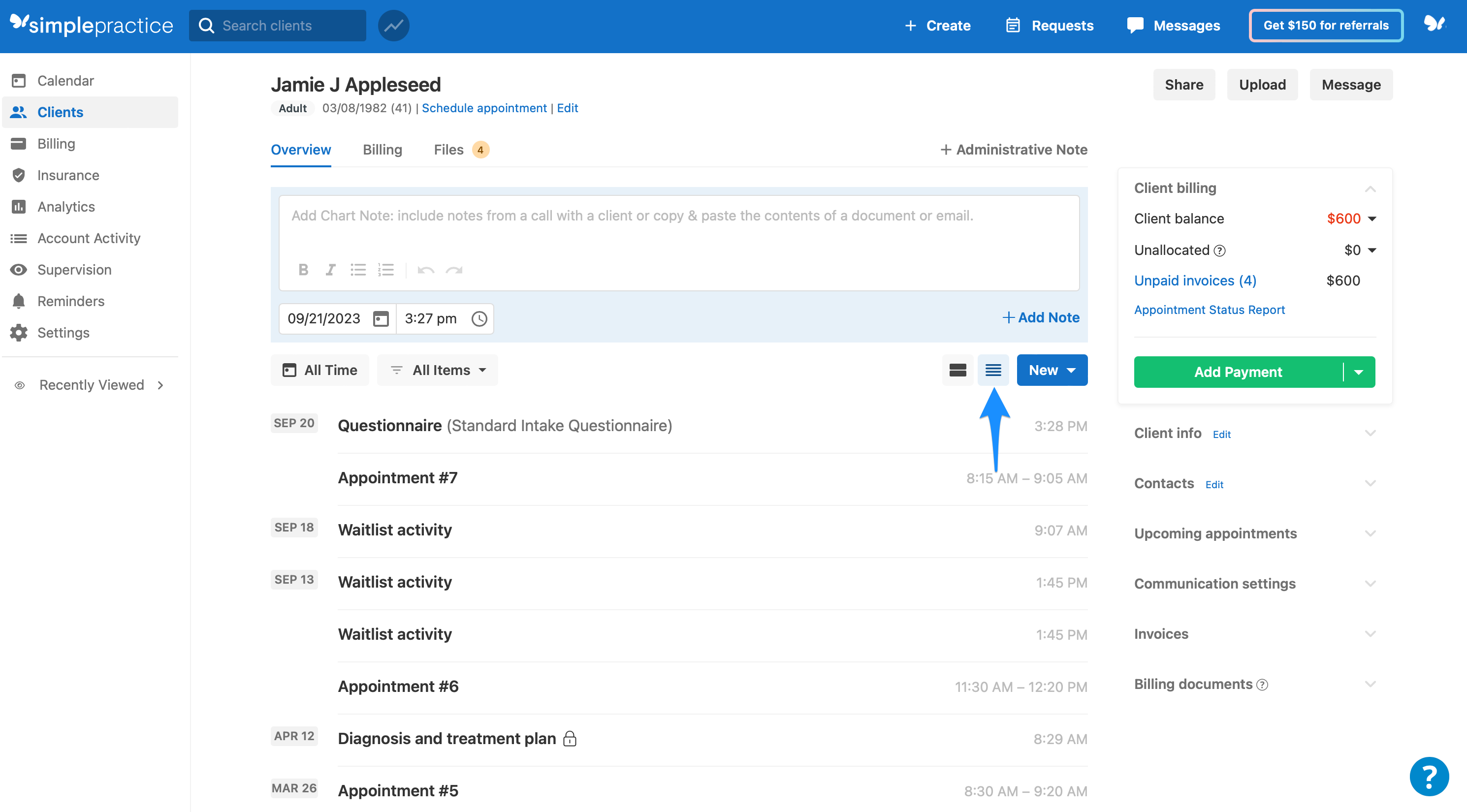 Navigating the client Overview page – SimplePractice Support