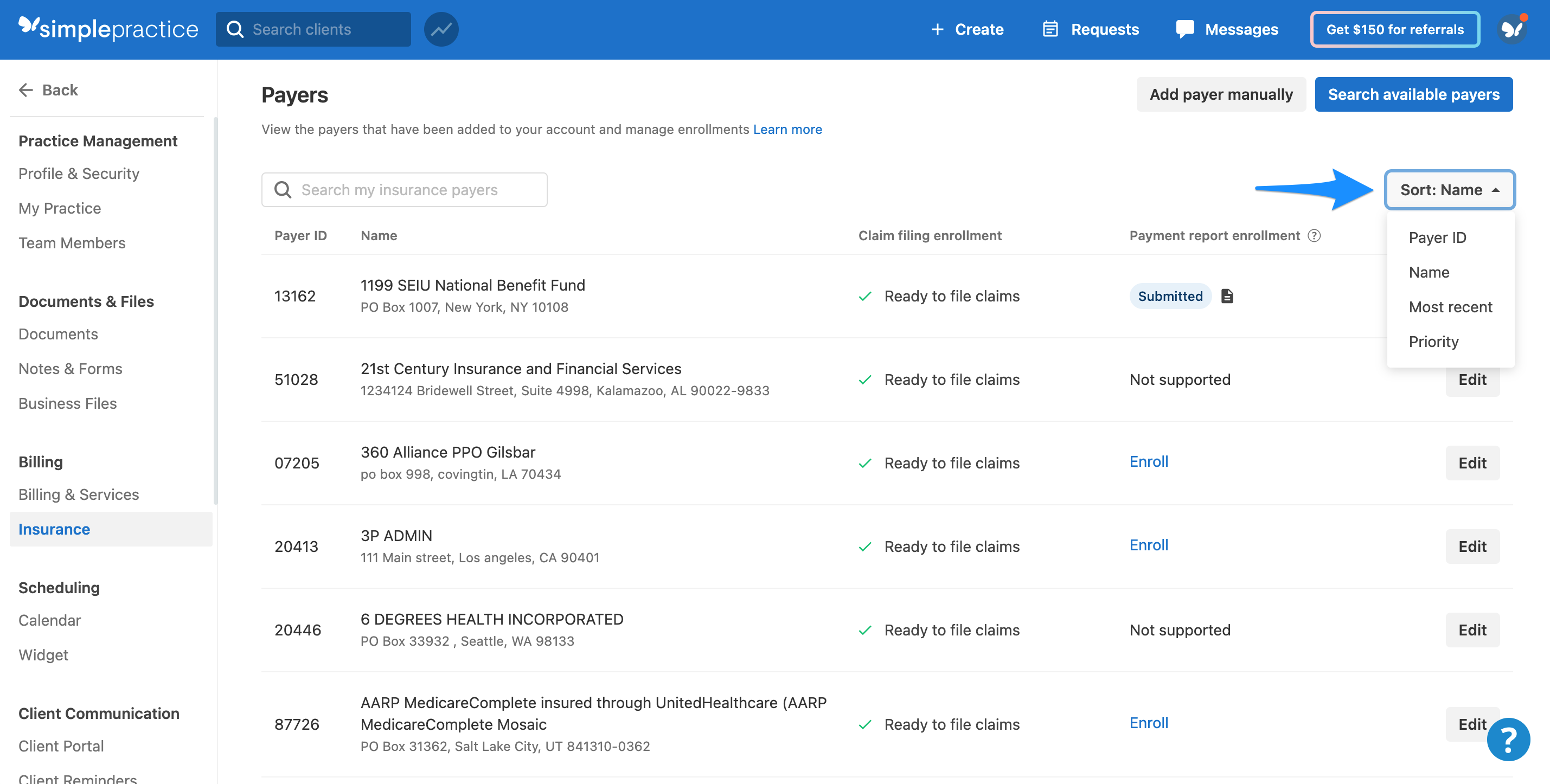 Submitting enrollments to file claims and receive Payment Reports – SimplePractice Support