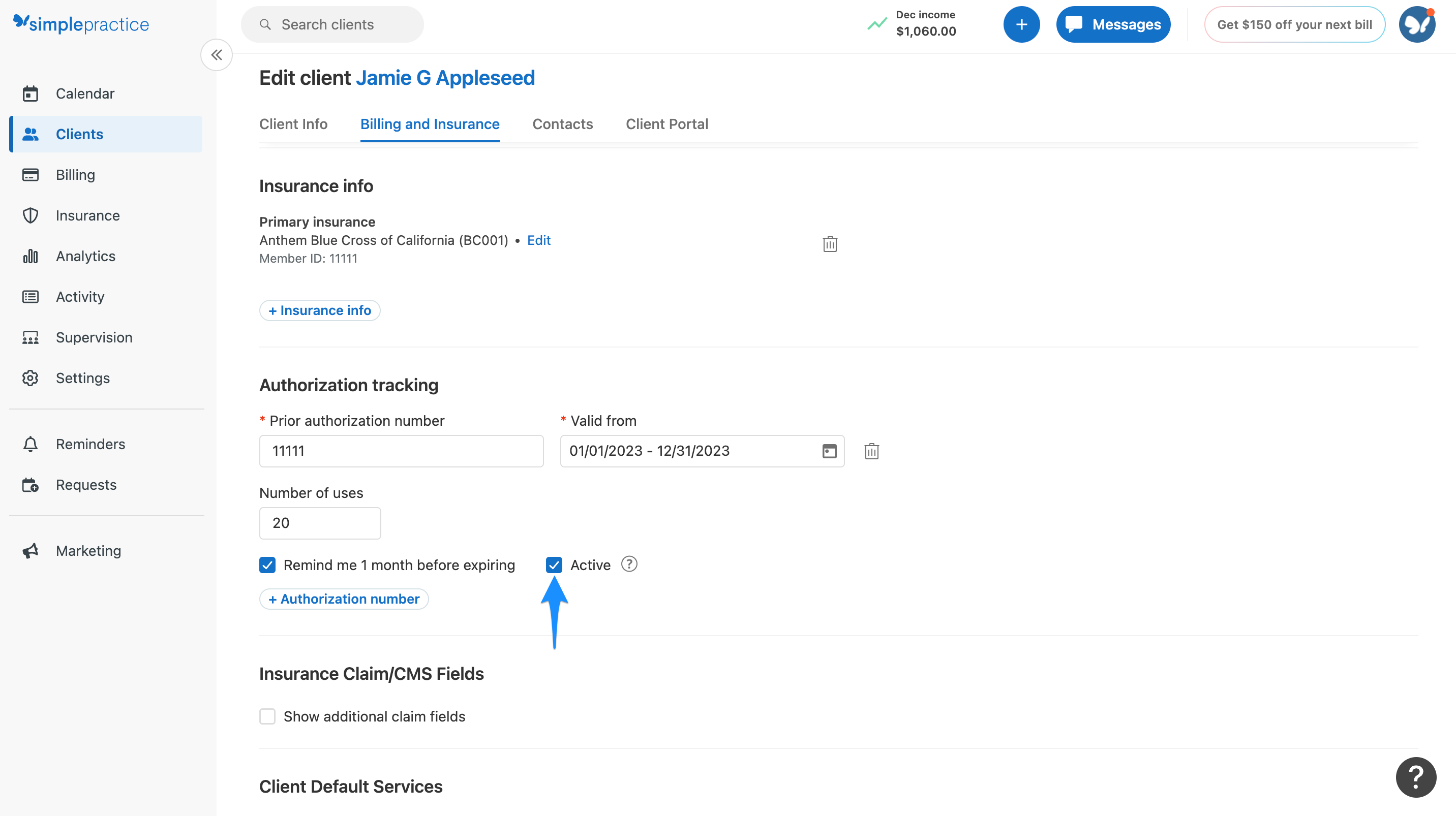 Using Authorization Tracking – SimplePractice Support