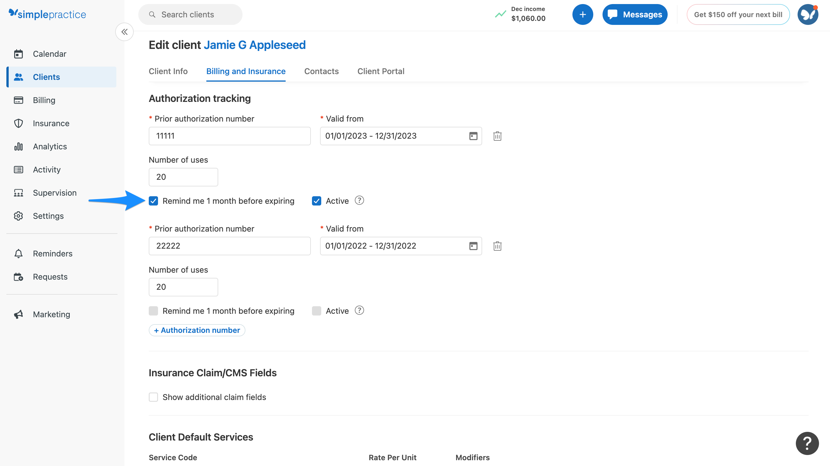Using Authorization Tracking – SimplePractice Support