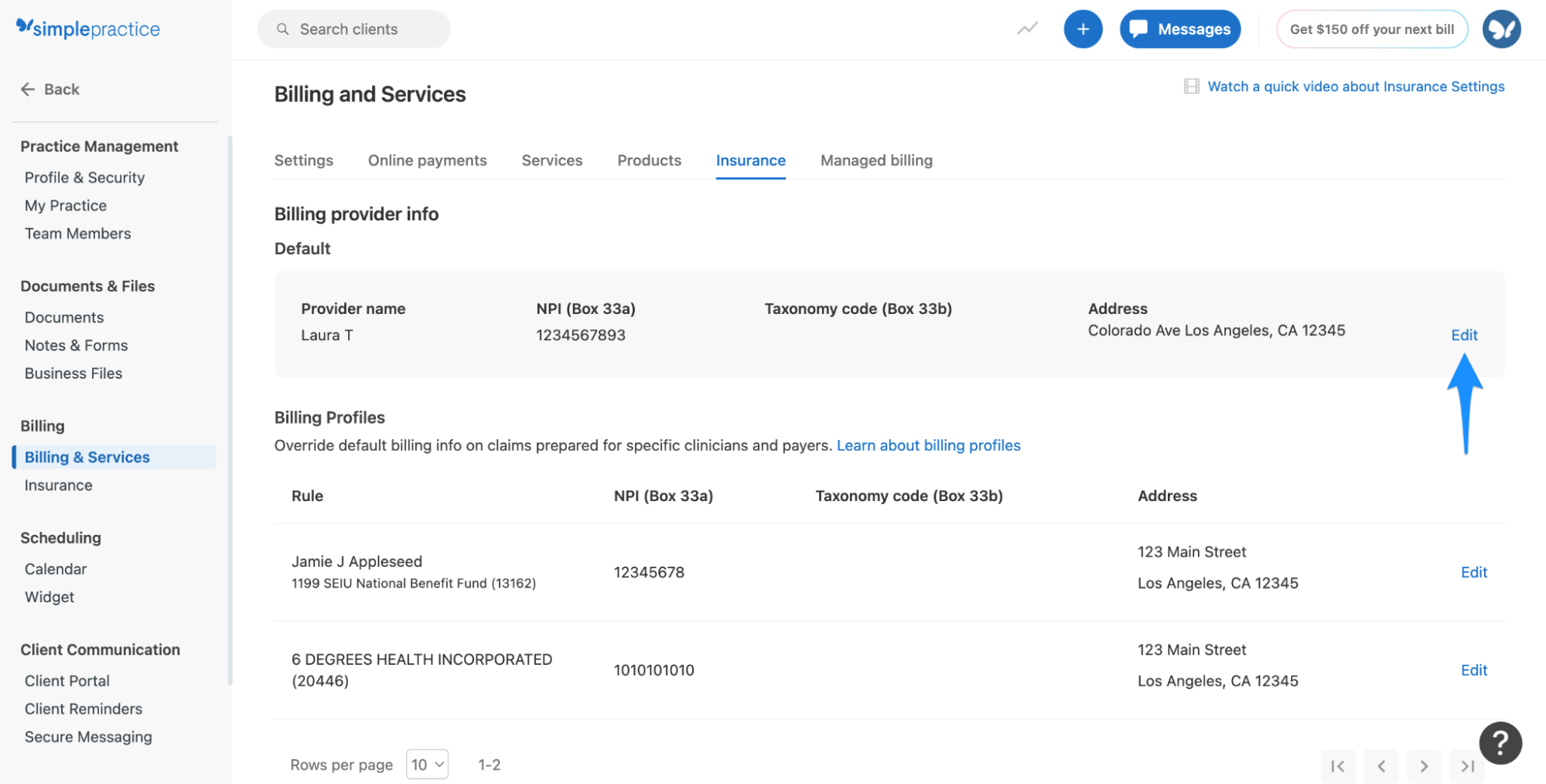 Managing billing profiles for insurance – SimplePractice Support
