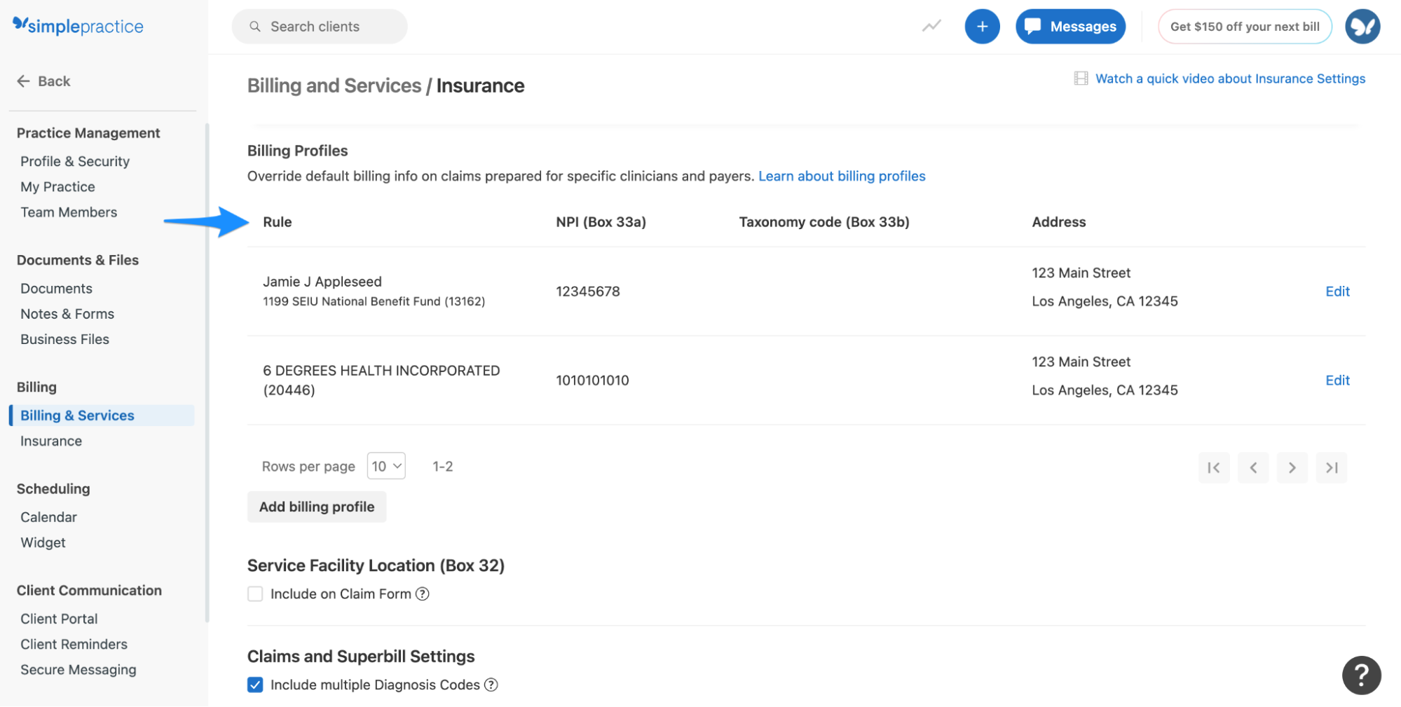 Managing billing profiles for insurance – SimplePractice Support
