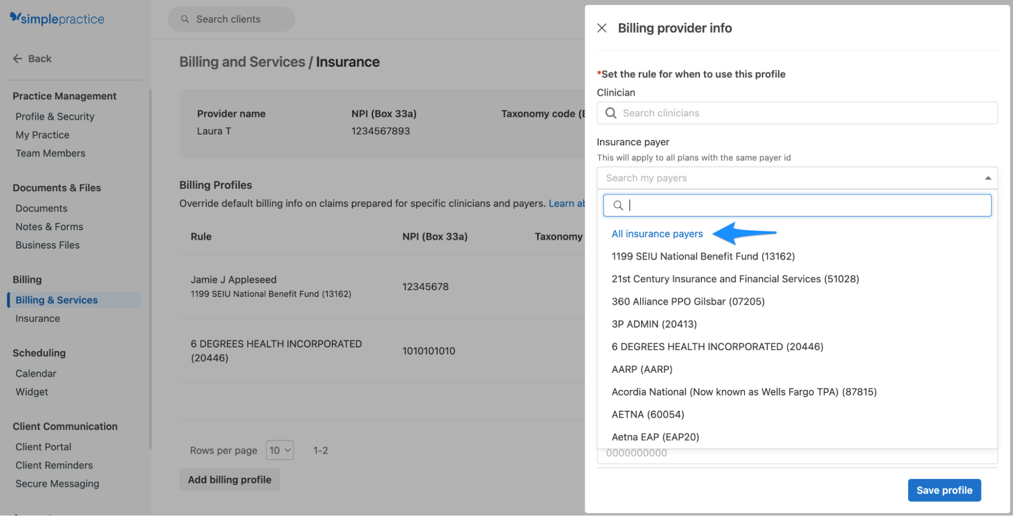 Managing billing profiles for insurance – SimplePractice Support