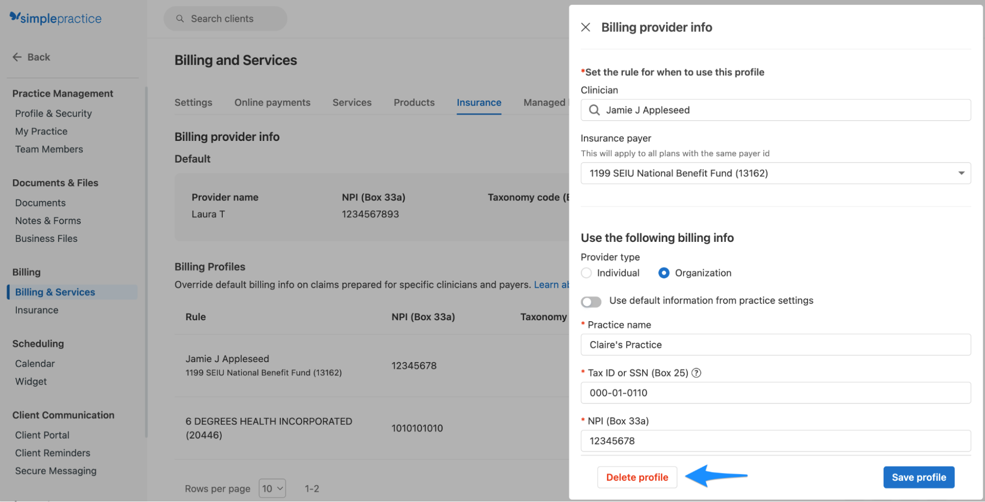 Managing billing profiles for insurance – SimplePractice Support