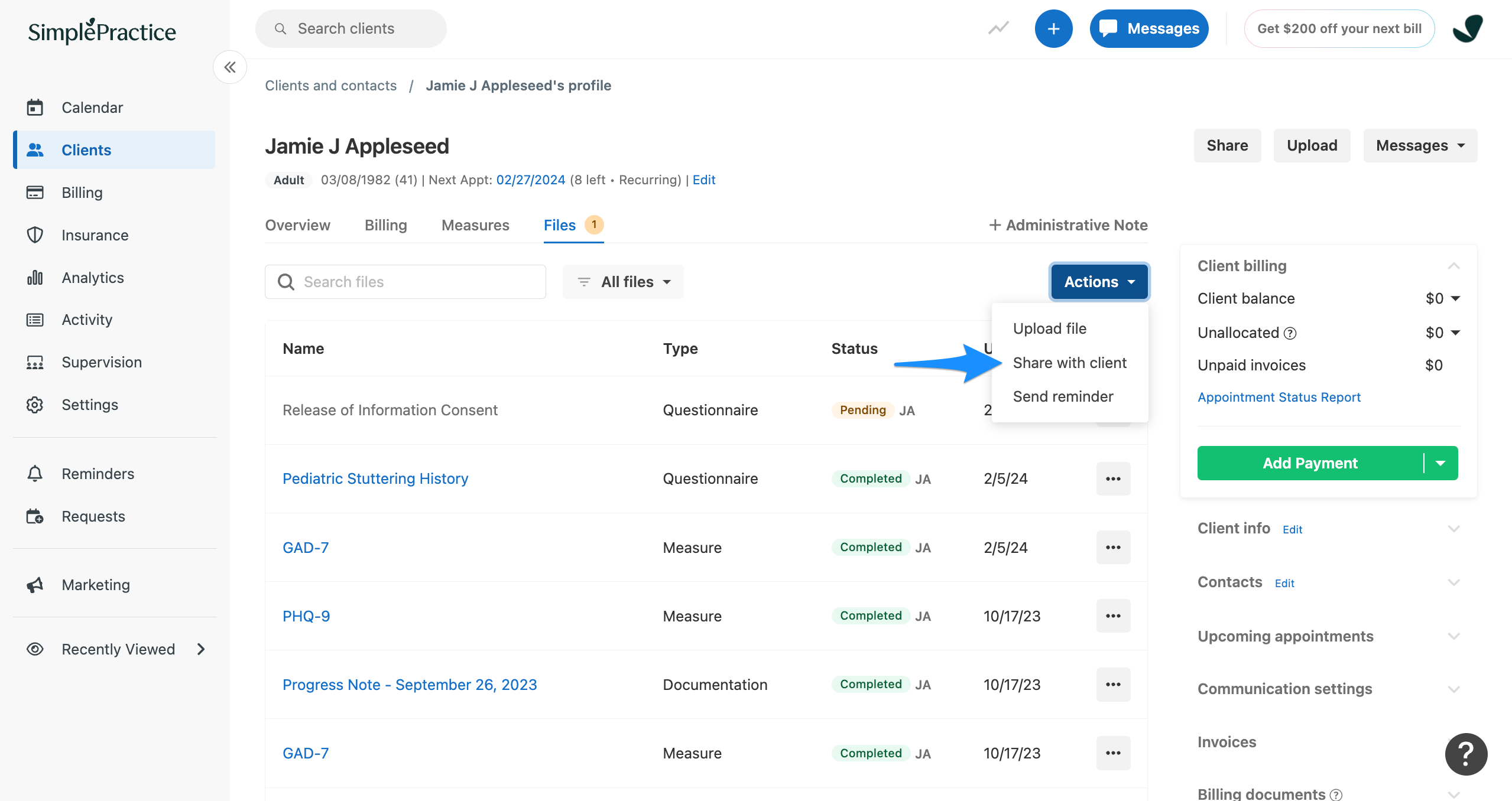 Managing The Client Files Overview Page Simplepractice Support