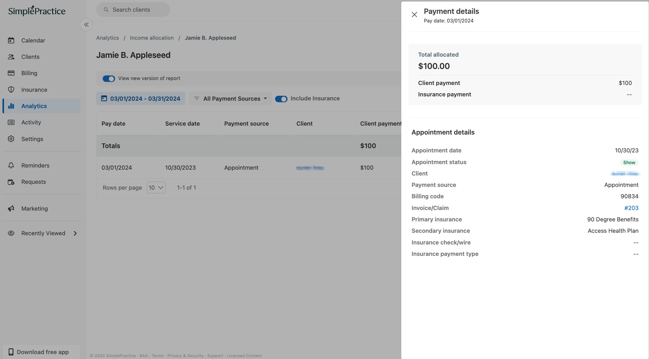 Navigating the Income allocation report – SimplePractice Support