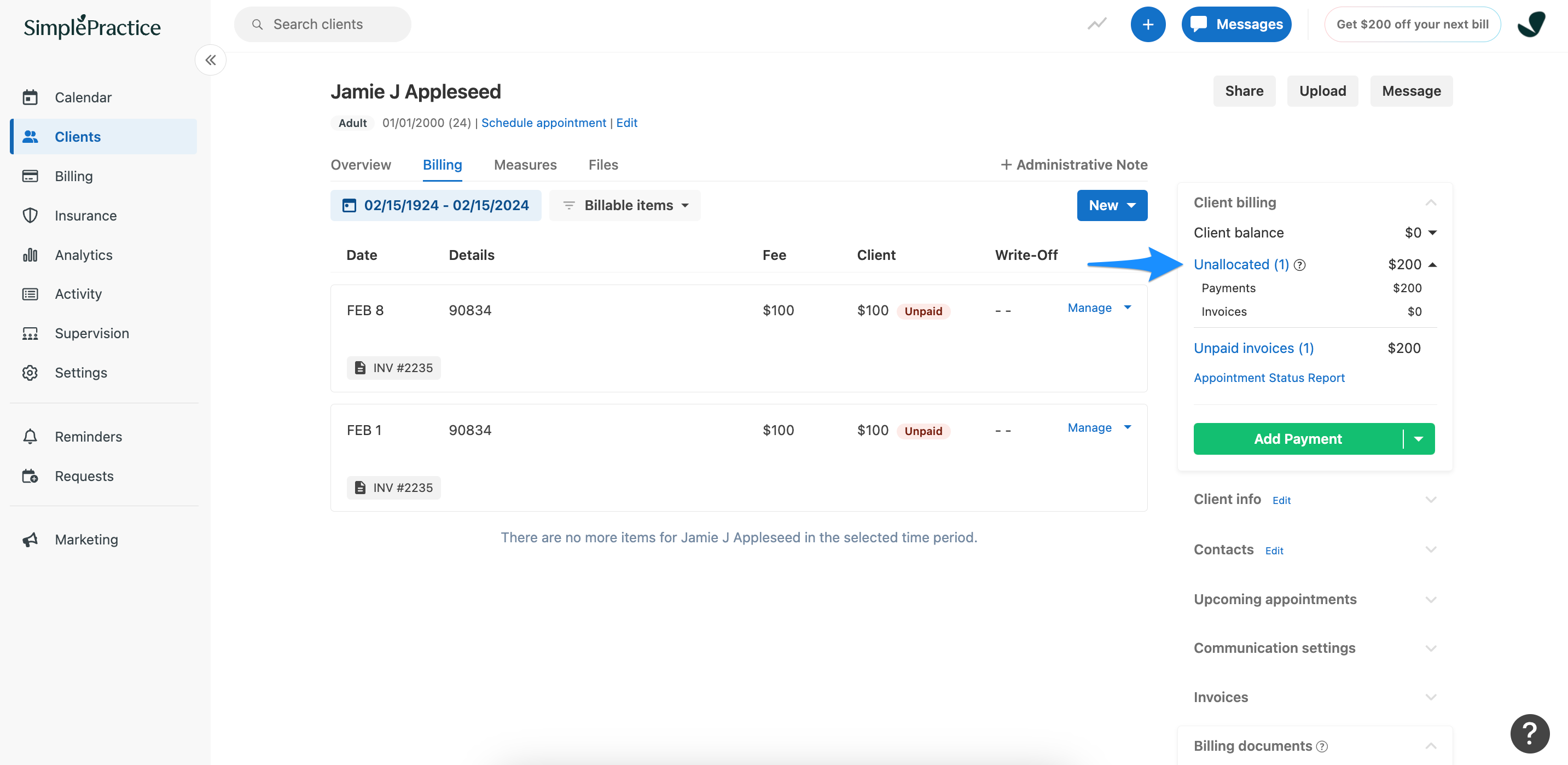 Reviewing a client's billing summary – SimplePractice Support