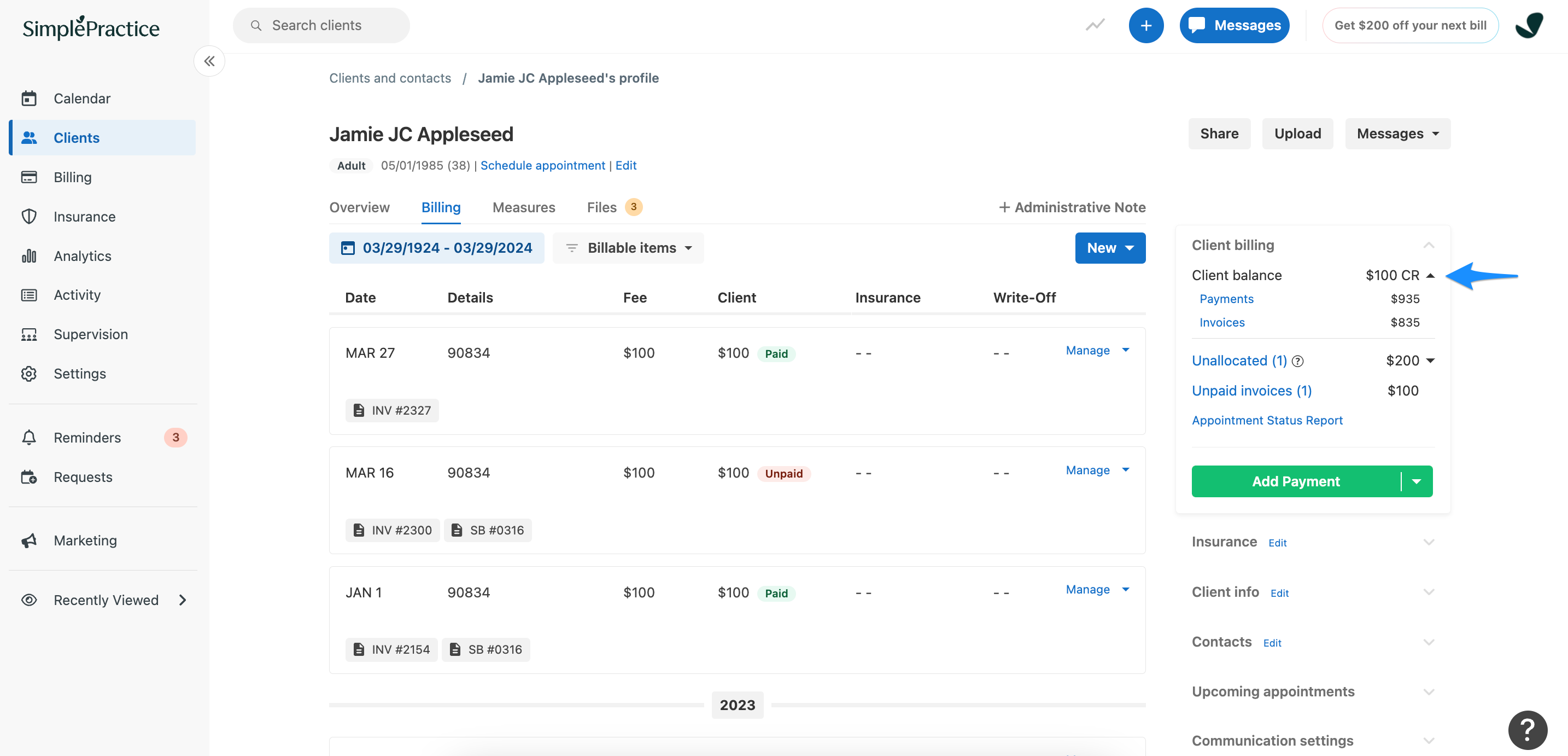 Reviewing a client's billing summary – SimplePractice Support