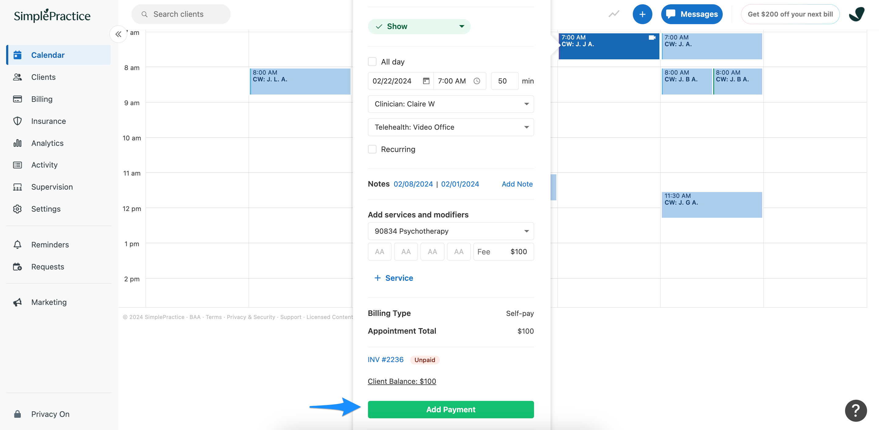 Reviewing a client's billing summary – SimplePractice Support
