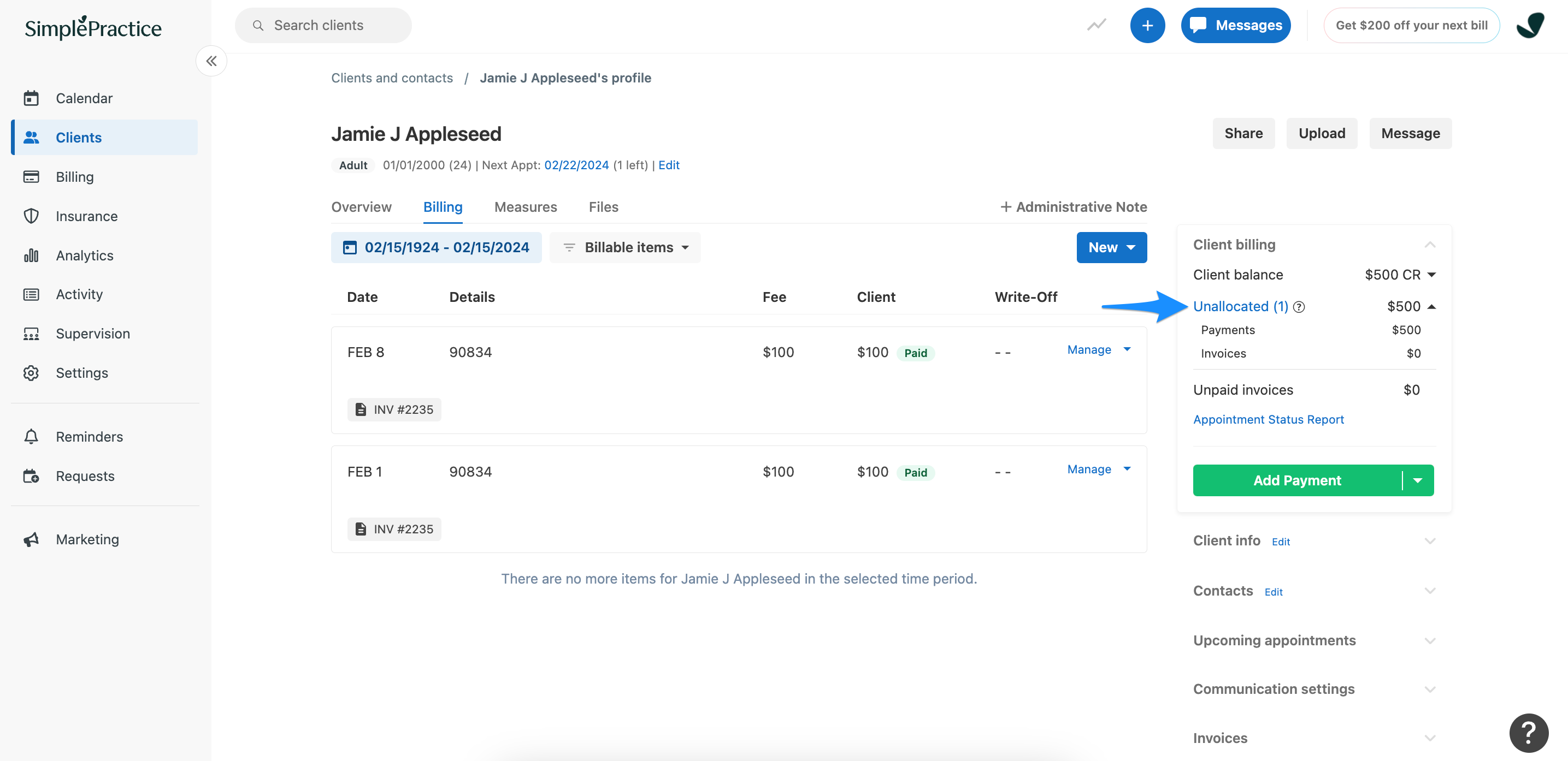 Reviewing a client's billing summary – SimplePractice Support