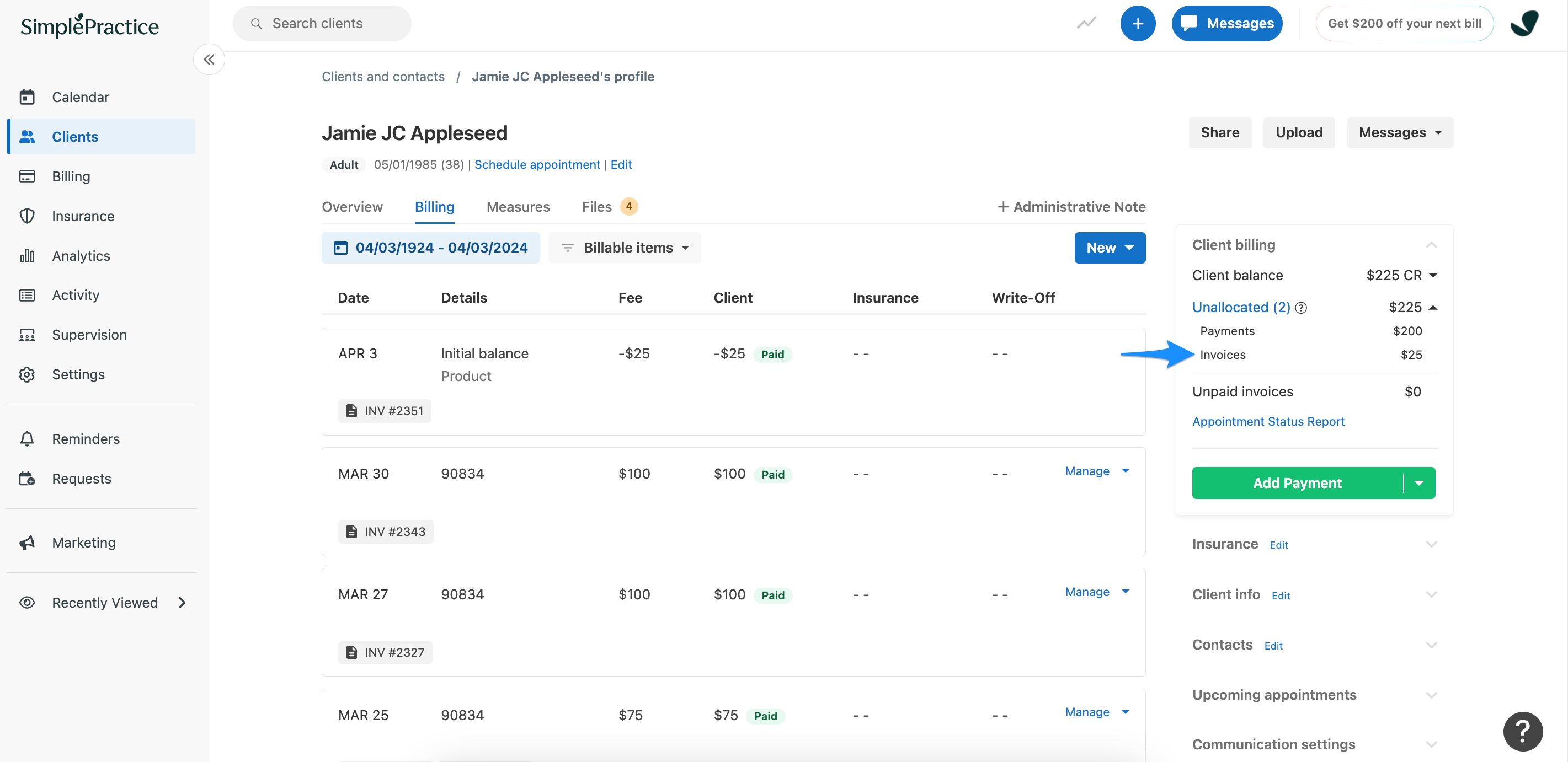 Reviewing a client's billing summary – SimplePractice Support