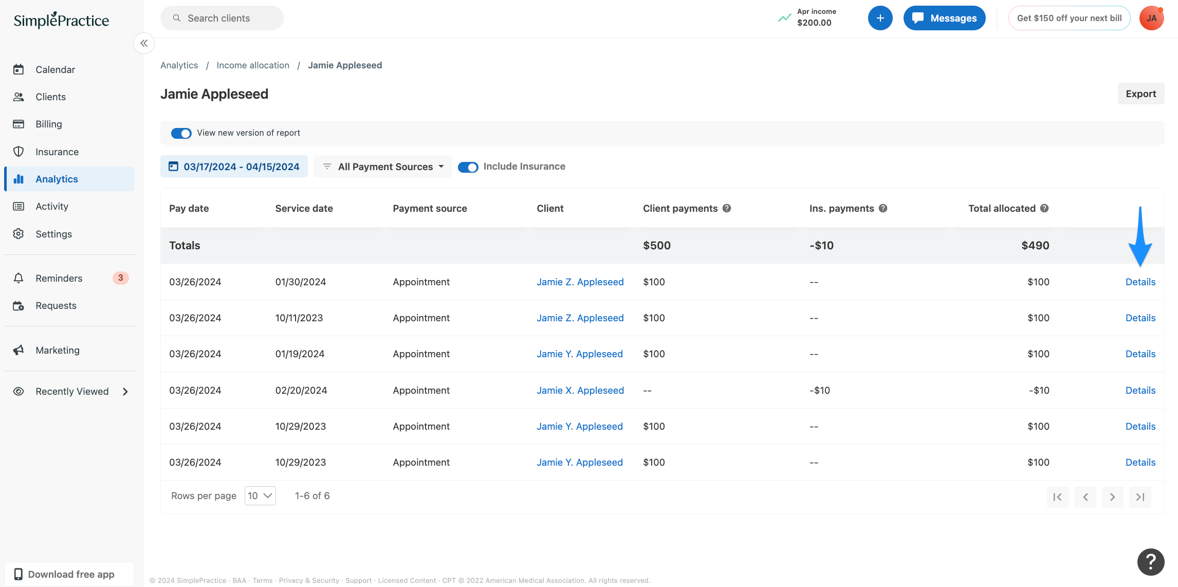 Navigating the Income allocation report – SimplePractice Support