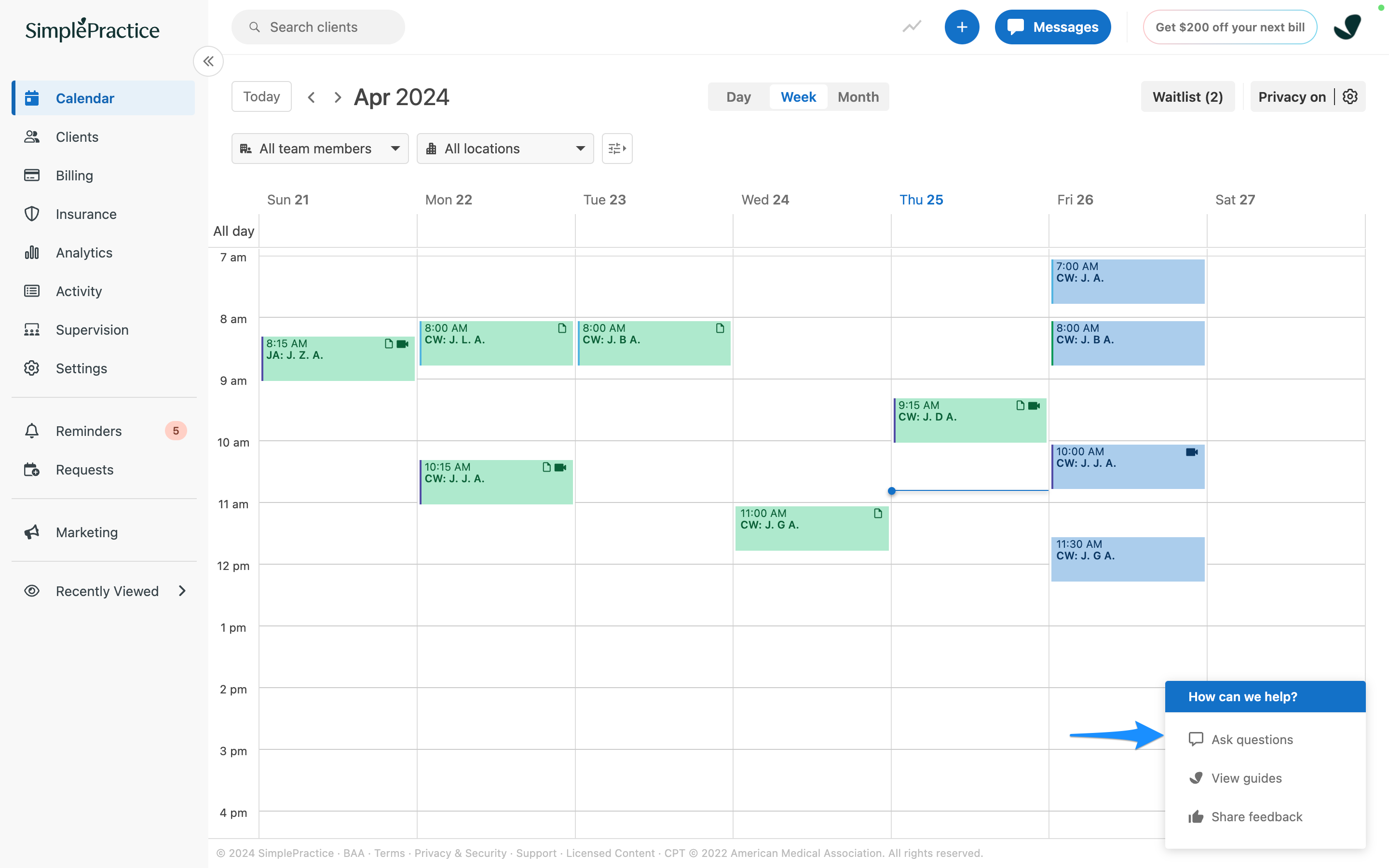 Logging in to SimplePractice and submitting help requests ...