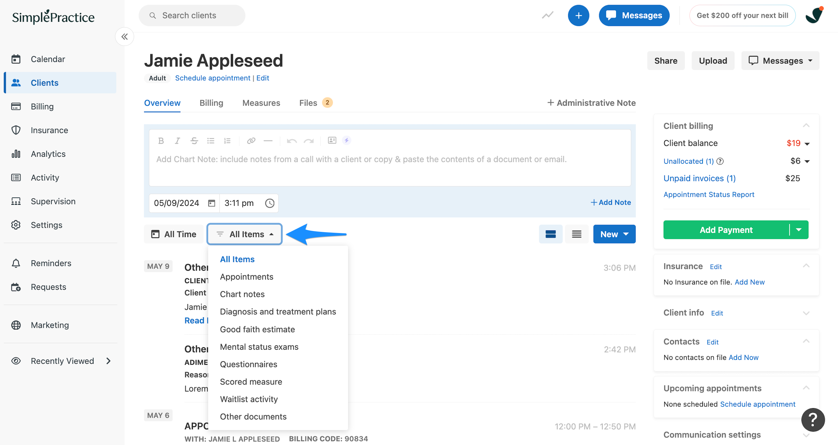 Navigating the client Overview page – SimplePractice Support