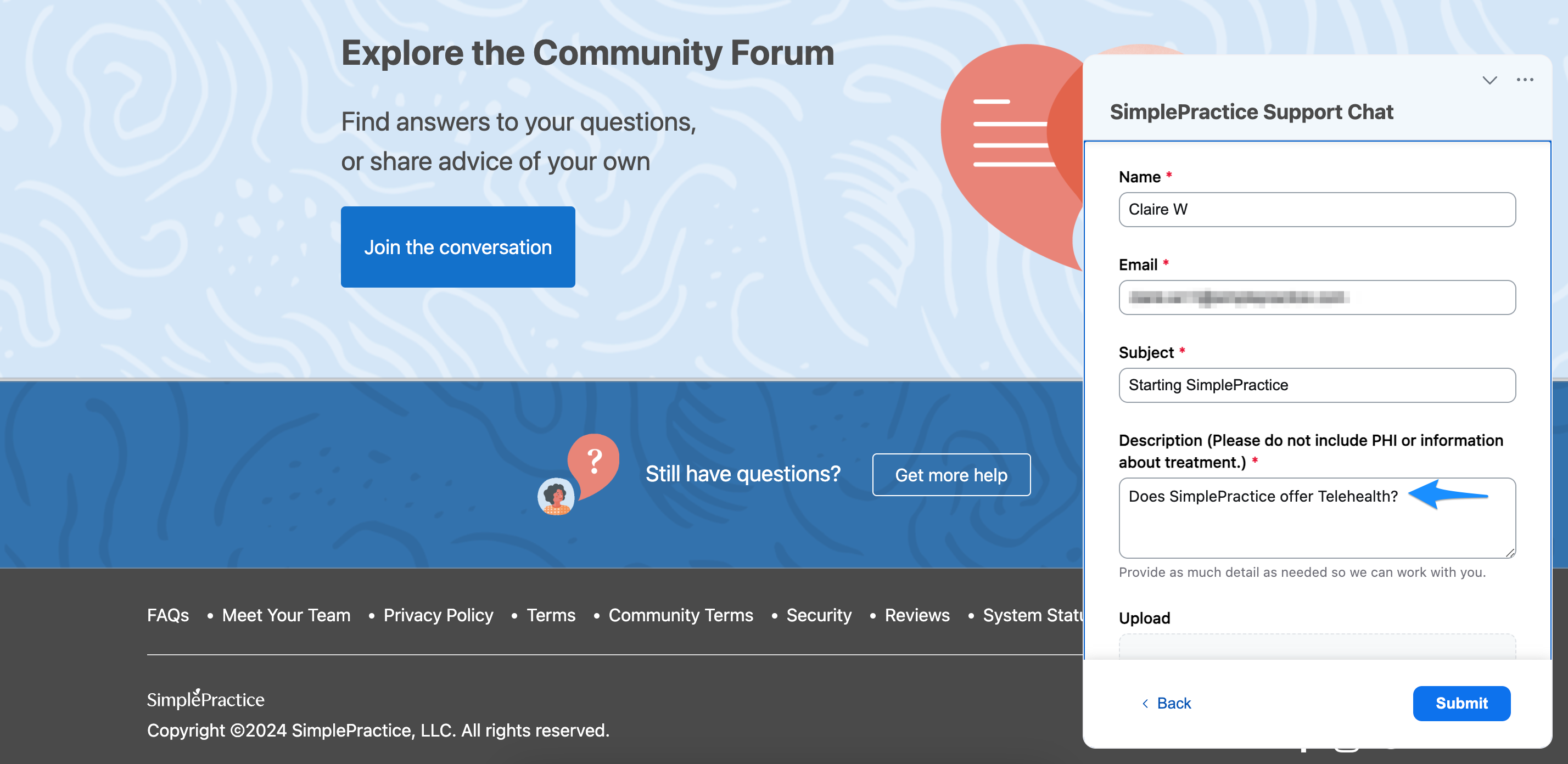 Logging in to SimplePractice and submitting help requests ...