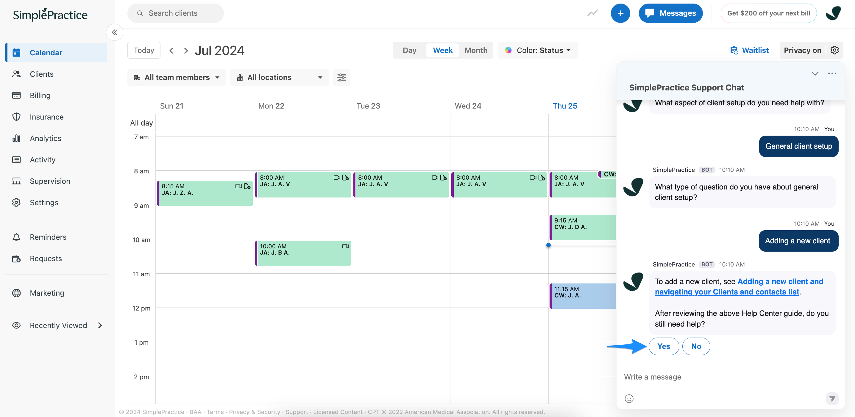 Logging in to SimplePractice and submitting help requests ...