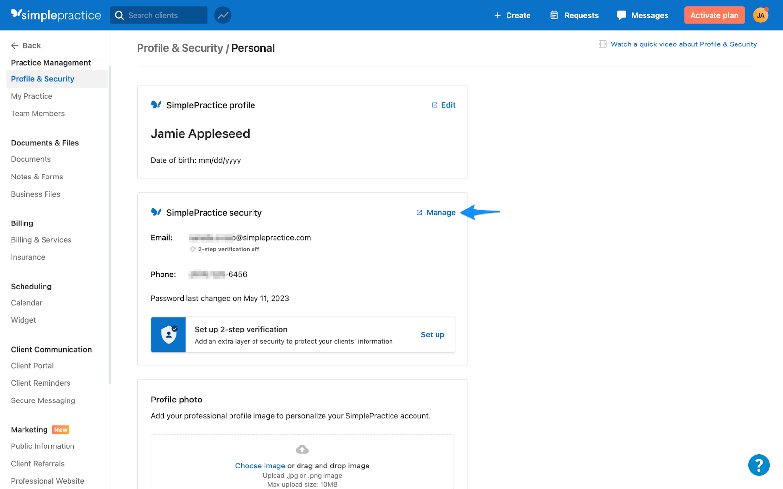 Managing your profile and 2-step verification – SimplePractice Support