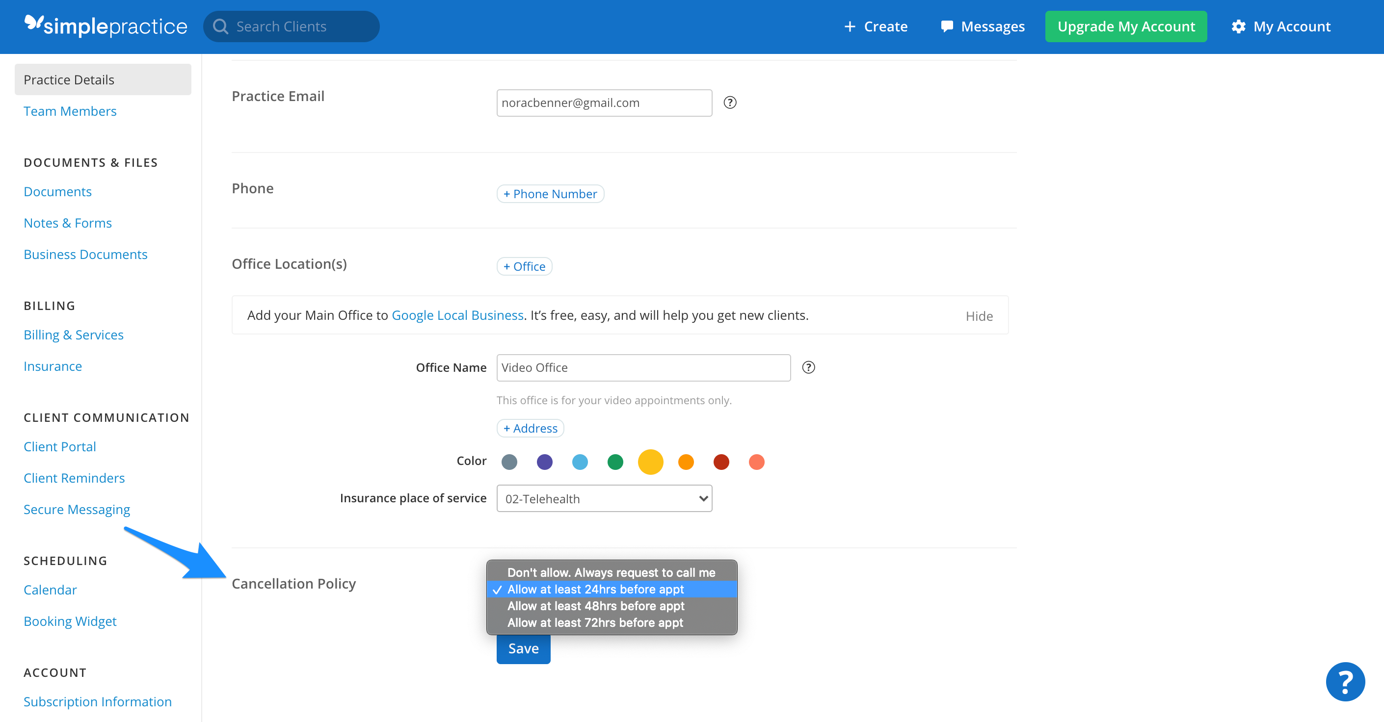 Setting up your practice's cancellation policy – SimplePractice Support