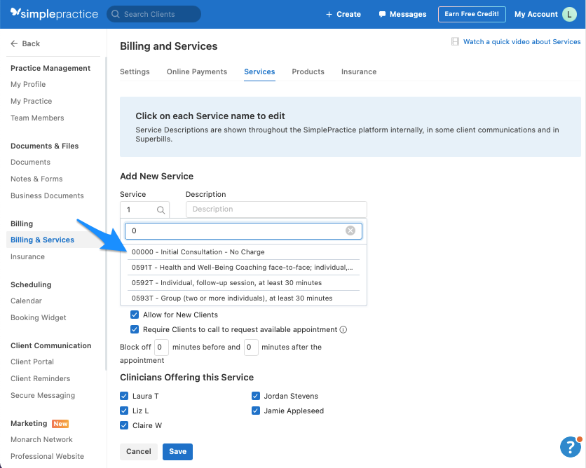 Creating and using service codes and products – SimplePractice Support