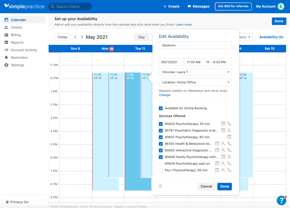 Managing your Availability – SimplePractice Support