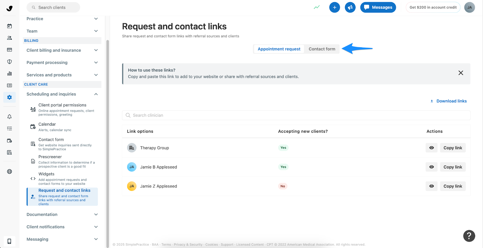 Managing clinician-specific scheduling and contact form links ...