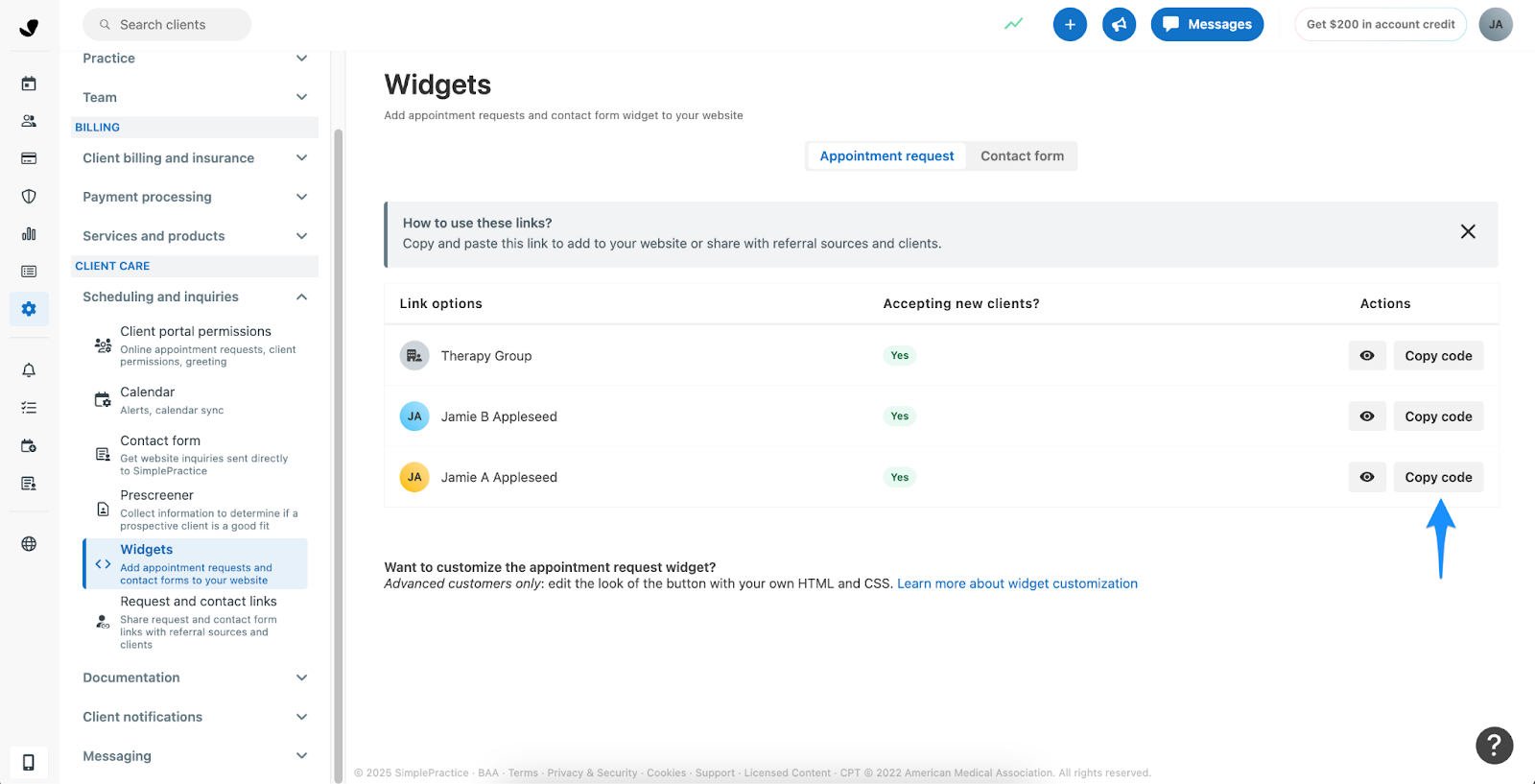 Managing clinician-specific scheduling and contact form links ...