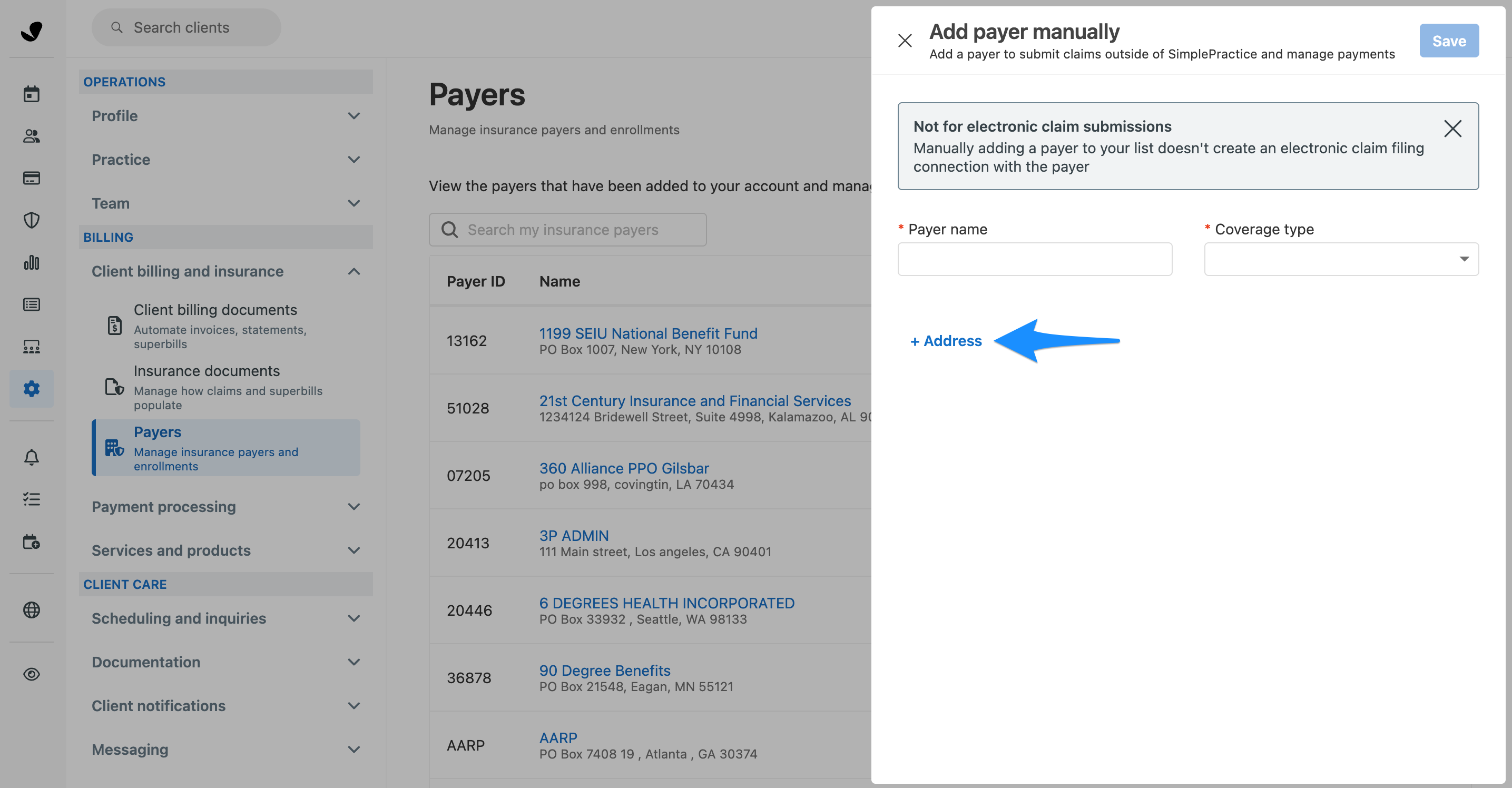 Manually adding an insurance payer – SimplePractice Support