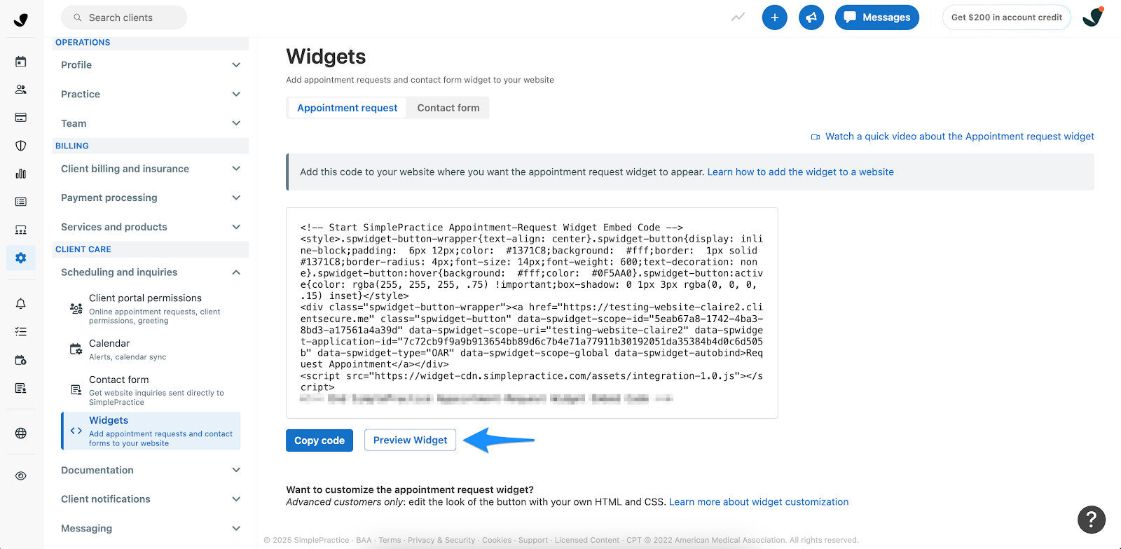 Previewing the appointment request widget – SimplePractice Support