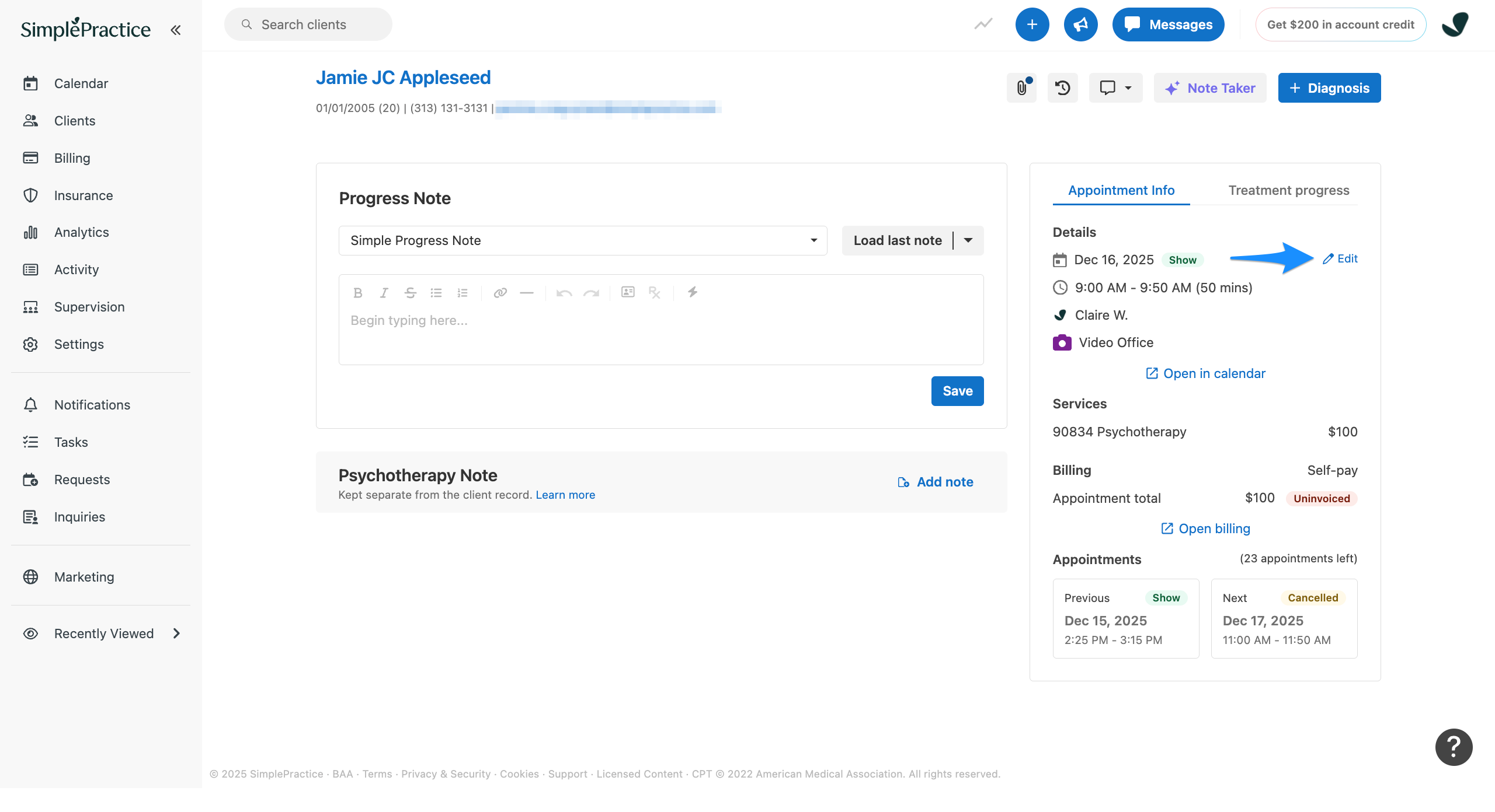 Navigating the appointment page – SimplePractice Support