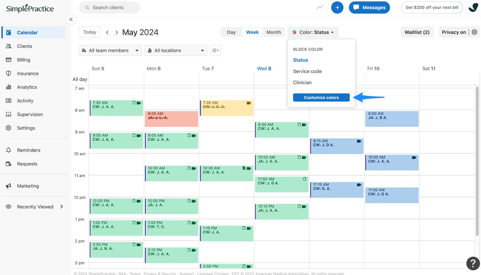 Using calendar color coding filters – SimplePractice Support