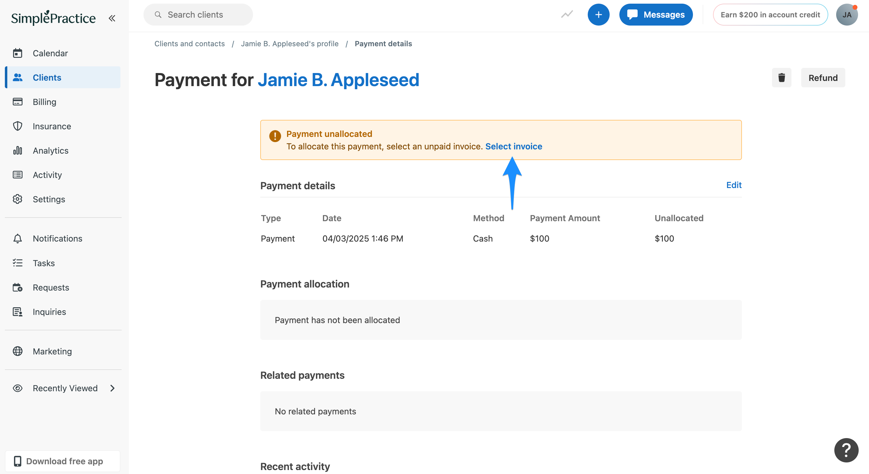 Managing unallocated client payments – SimplePractice Support