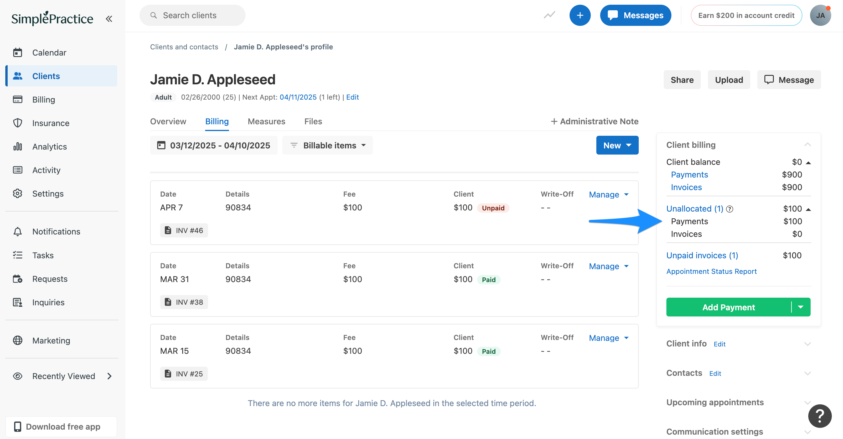 Managing unallocated client payments – SimplePractice Support