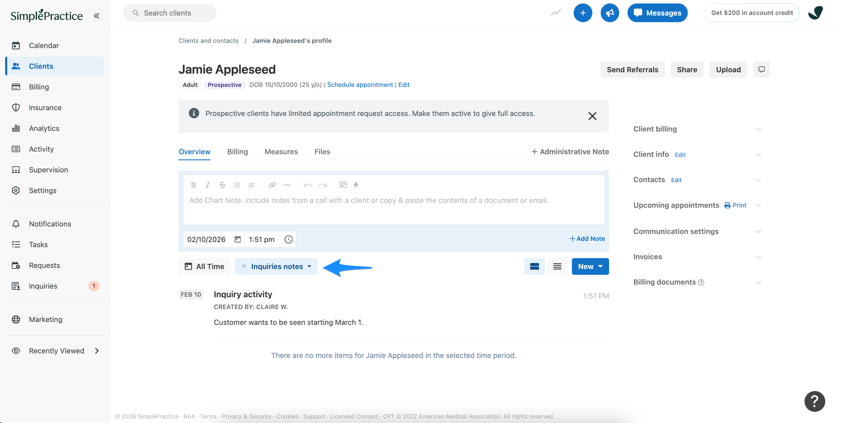 Managing prospective clients on the Inquiries page – SimplePractice Support