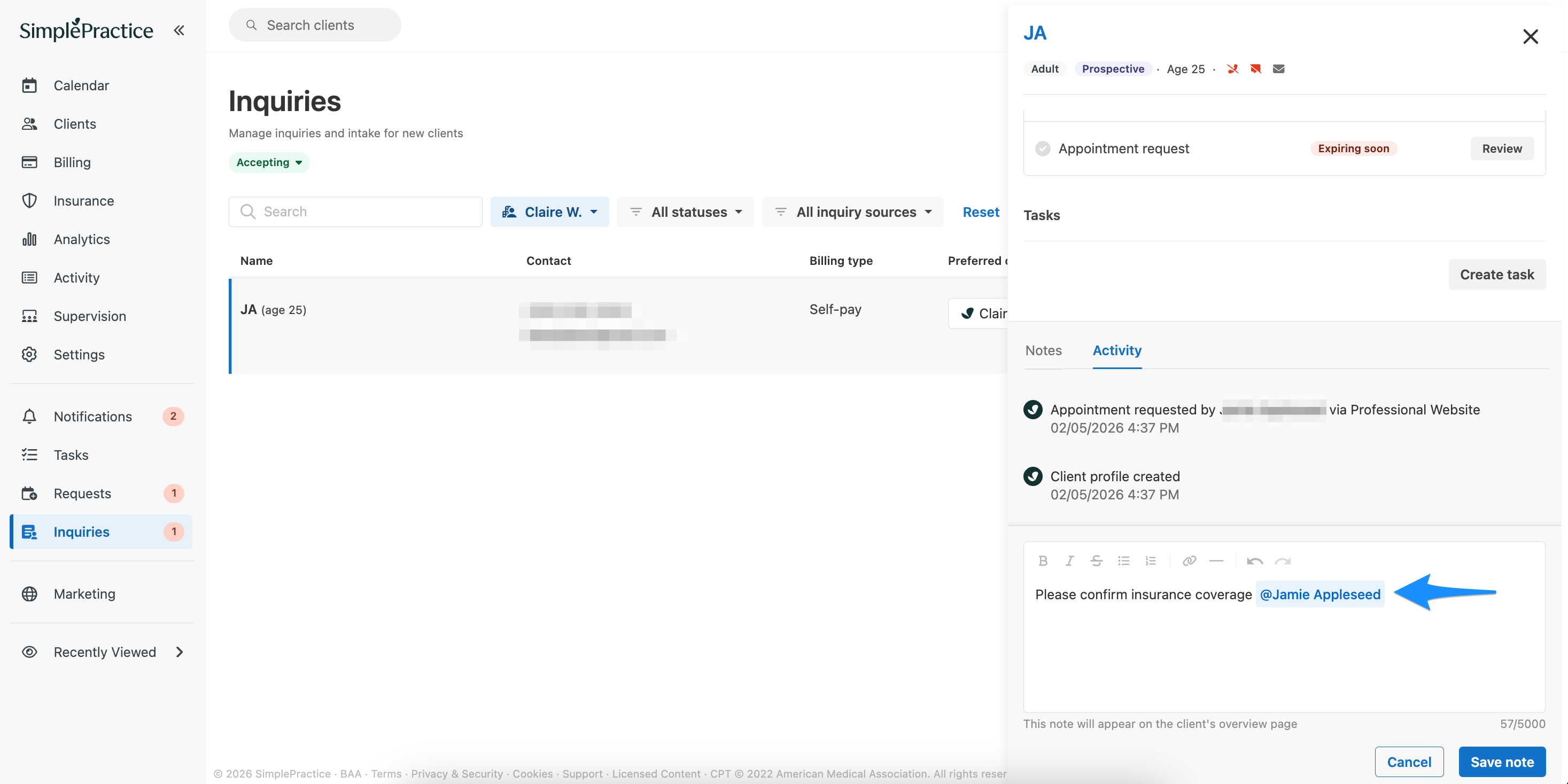 Managing prospective clients on the Inquiries page – SimplePractice Support
