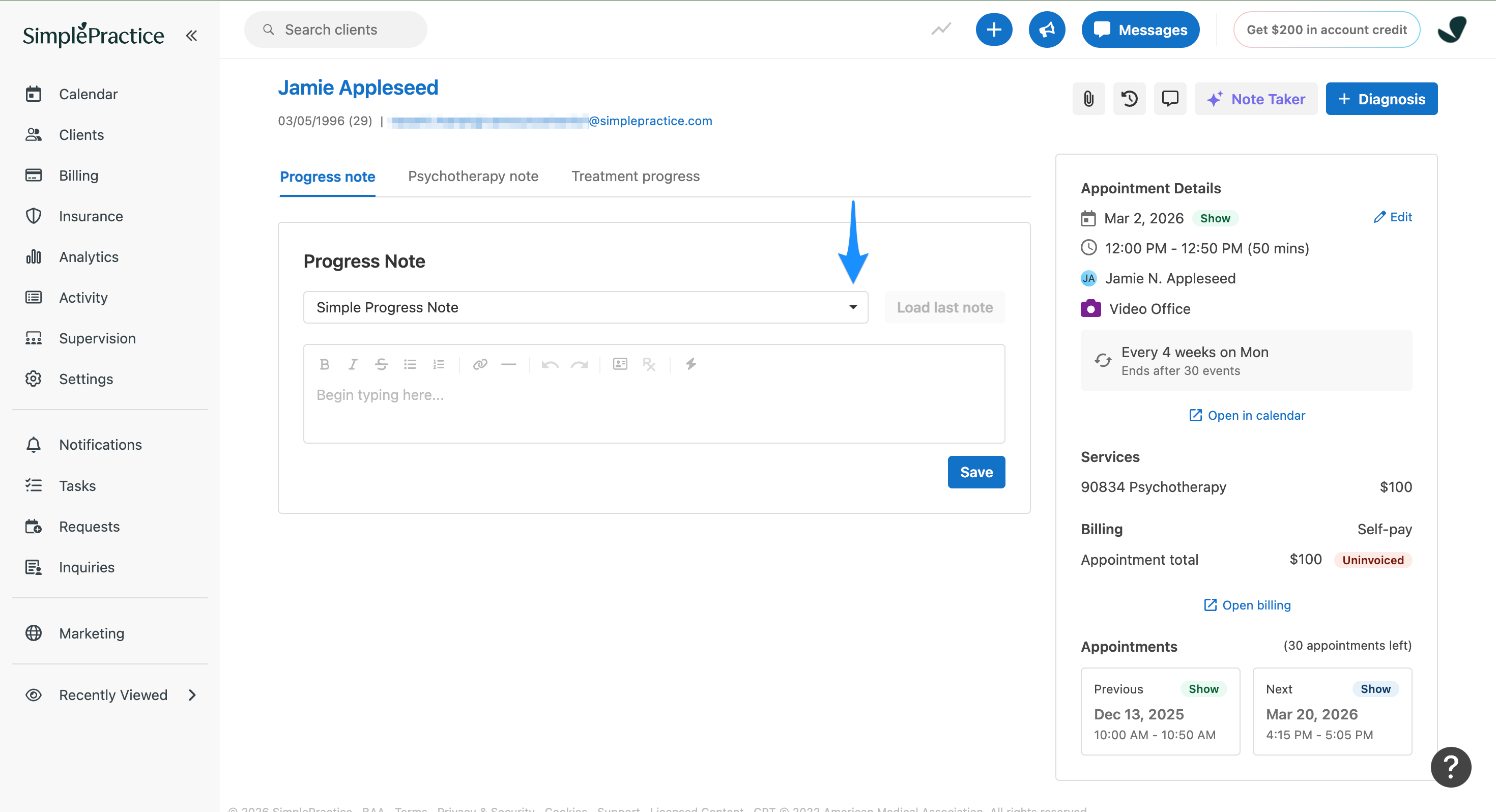 Adding progress notes for individual appointments – SimplePractice Support