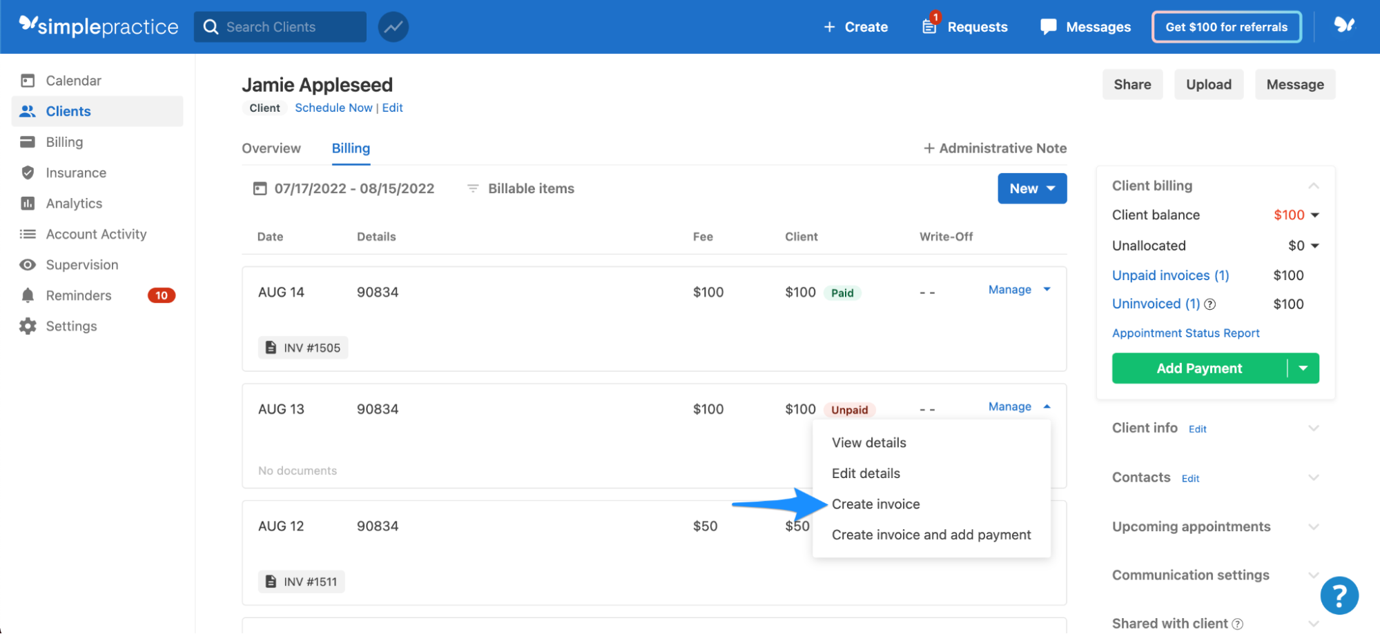 Creating invoices – SimplePractice Support