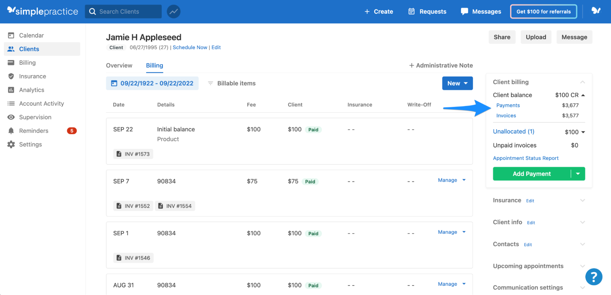 Reviewing a client's billing summary – SimplePractice Support